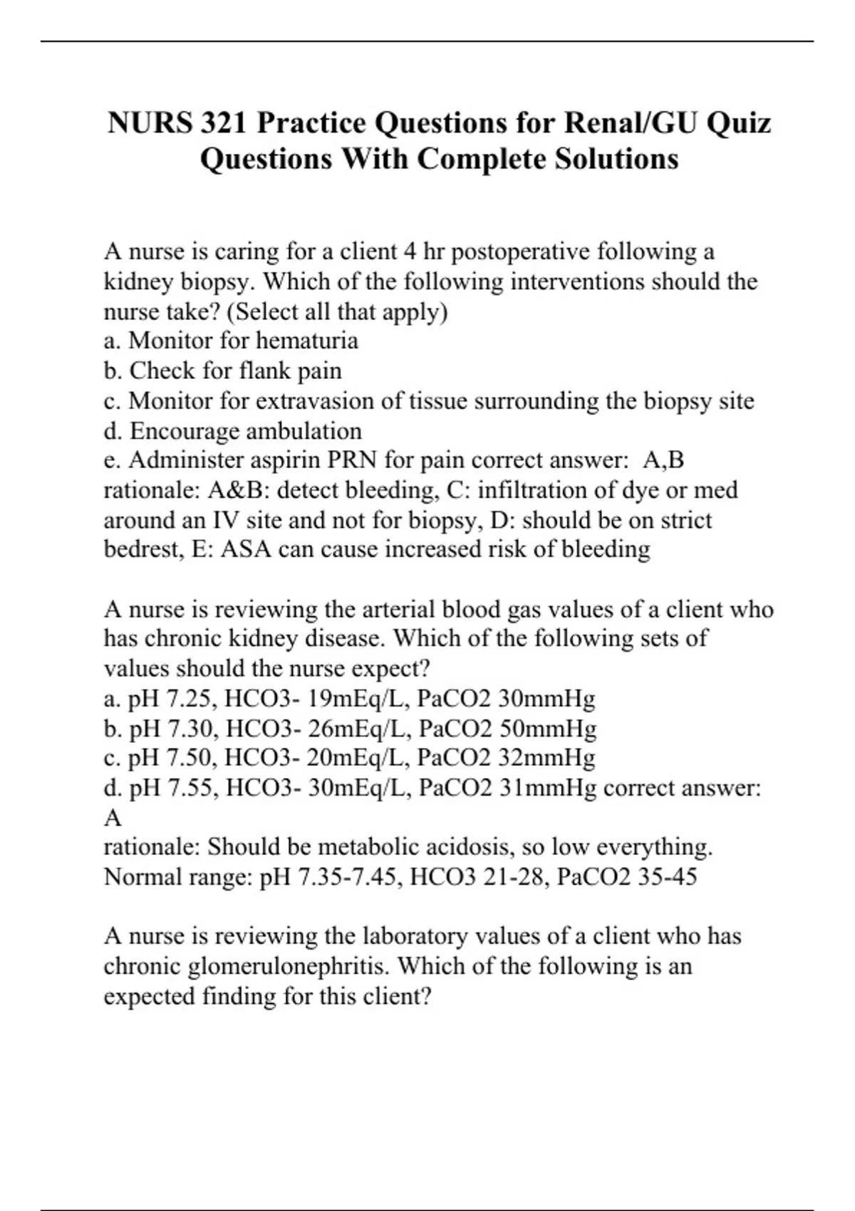 NURS 321 Practice Questions for Renal/GU Quiz Questions With Complete ...