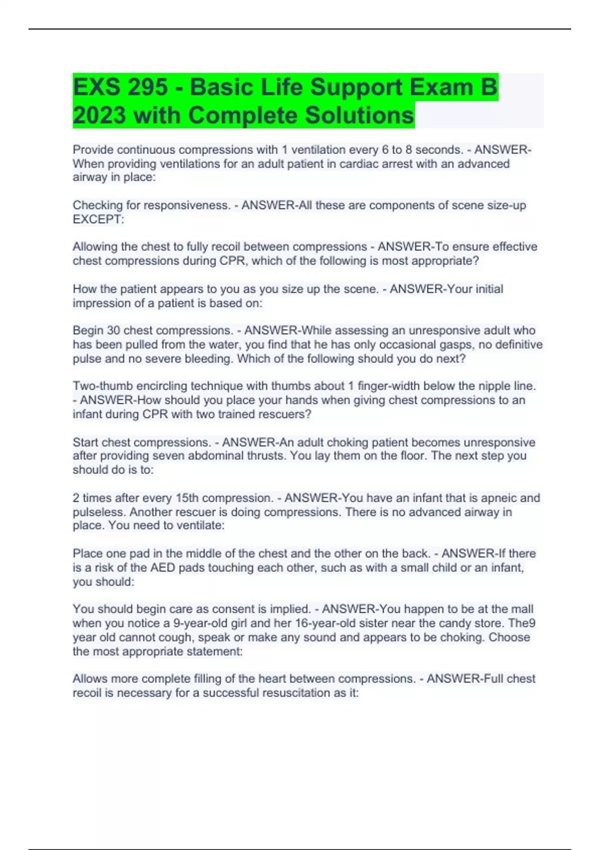 EXS 295 - Basic Life Support Exam B 2023 with Complete Solutions - EXS 295 - Basic Life Support ...