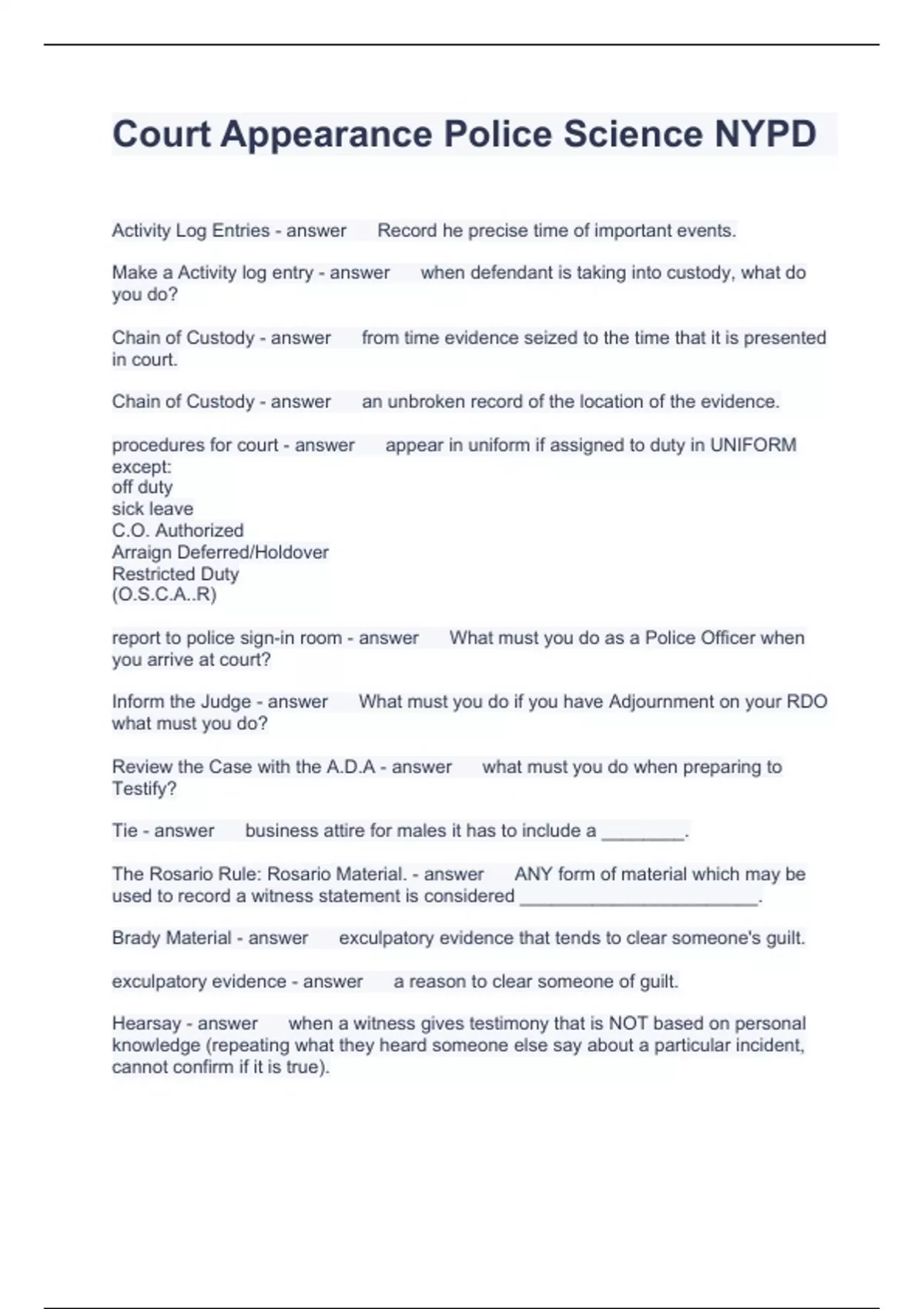Court Appearance Police Science NYPD Questions with correct Answers ...