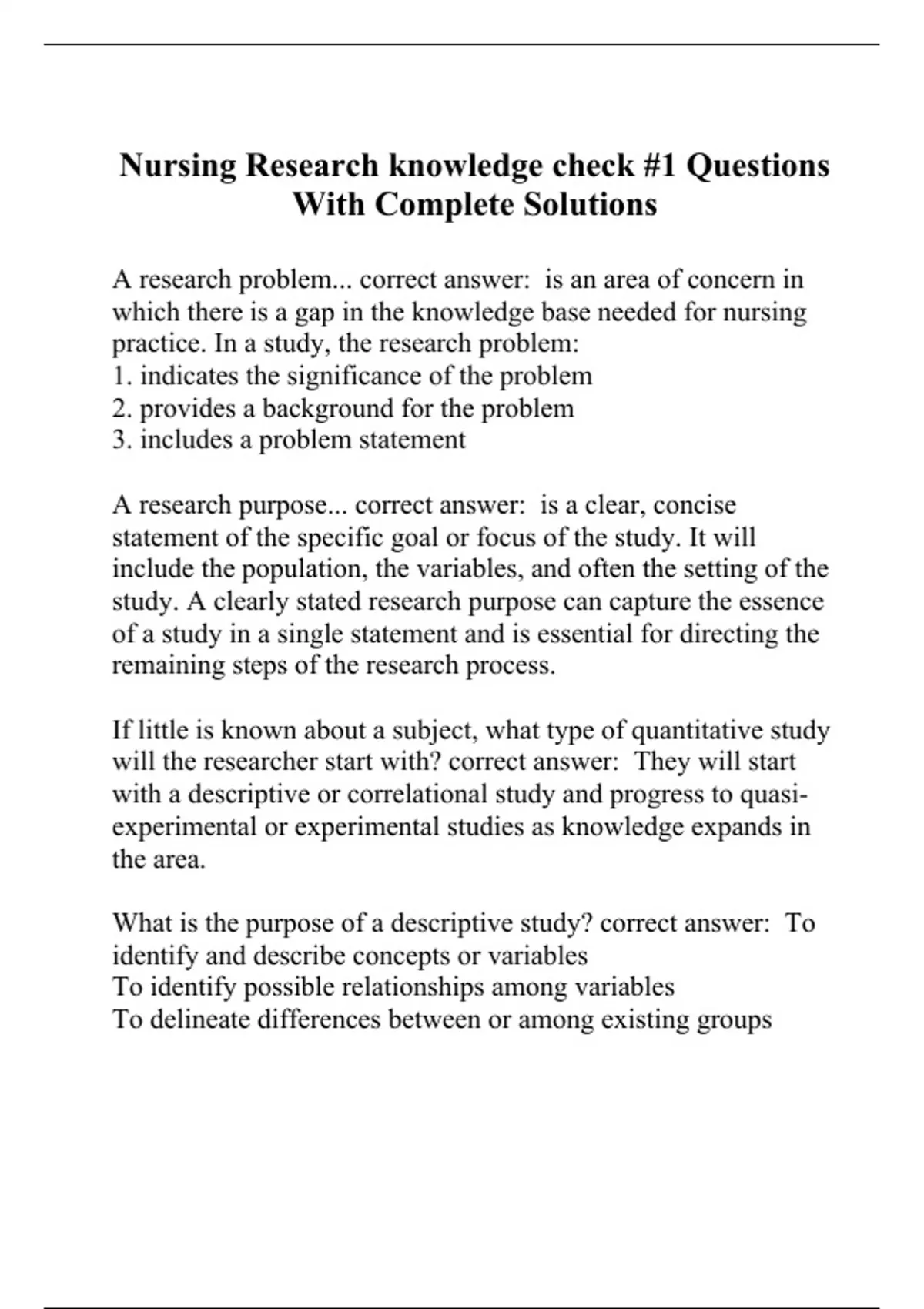 Nursing Research knowledge check #1 Questions With Complete Solutions ...