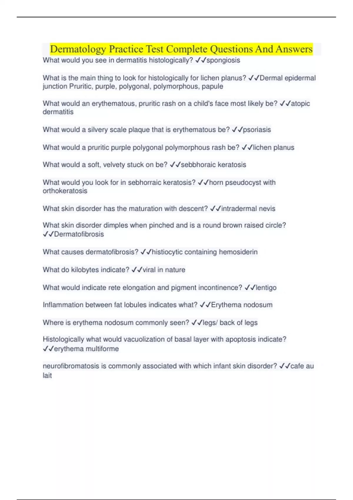 Dermatology Practice Test Complete Questions And Answers - Dermatology ...