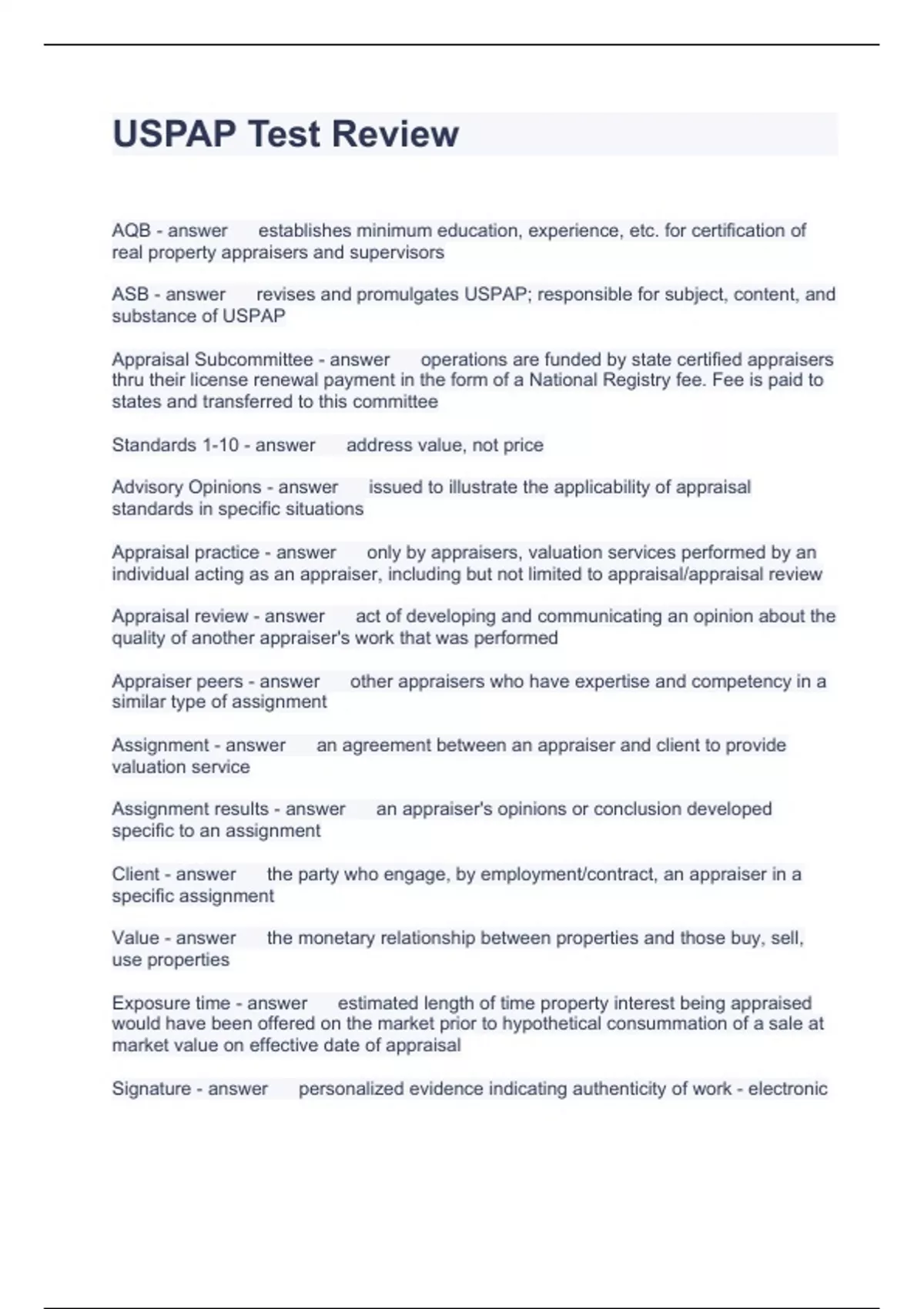 USPAP Test Review Questions with correct Answers 2023 - Uspap - Stuvia US