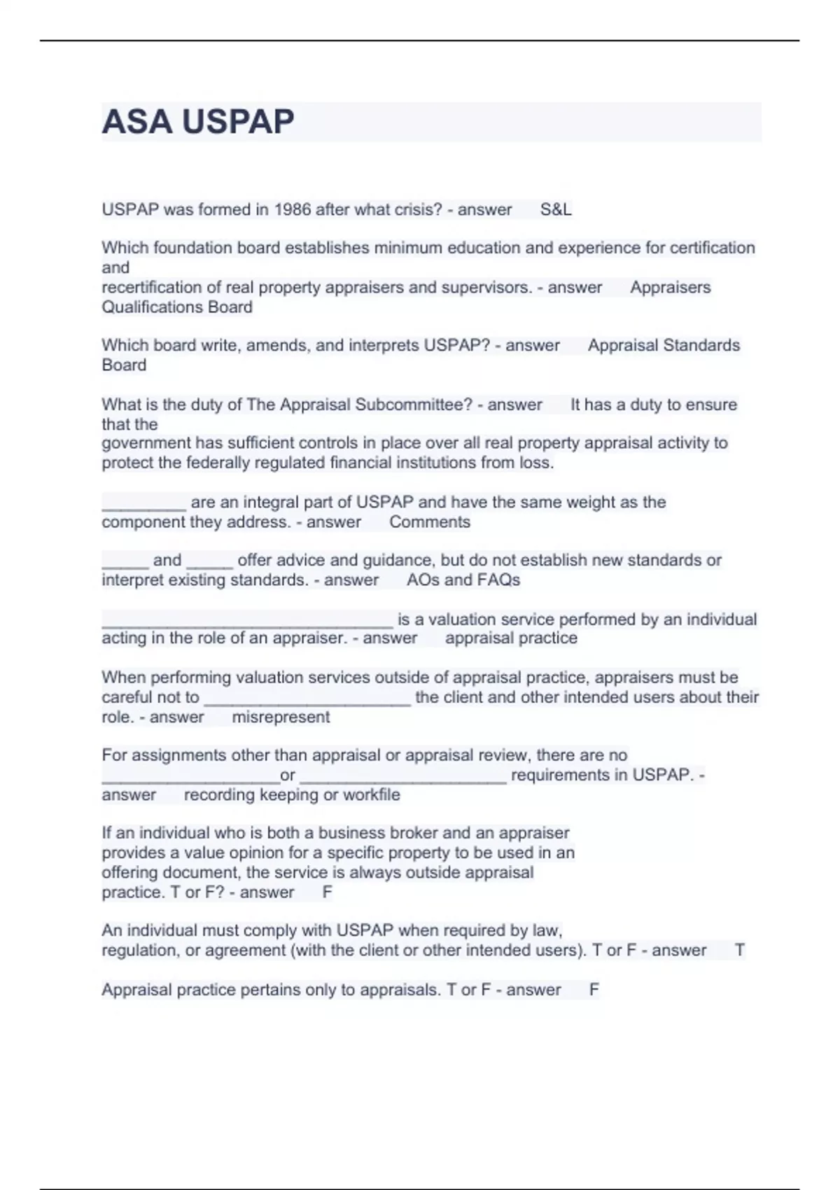 ASA USPAP Questions with correct Answers - Uspap - Stuvia US