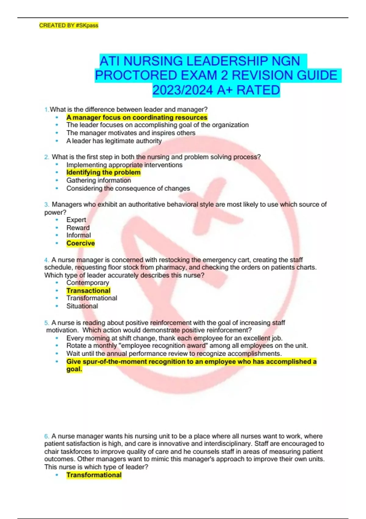 ATI NURSING LEADERSHIP NGN PROCTORED EXAM 2 REVISION GUIDE 2023/2024 A+ ...