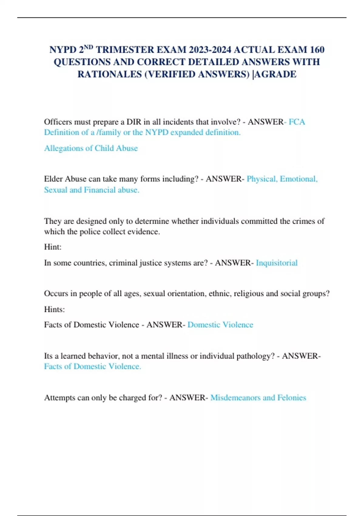 NYPD 2ND TRIMESTER EXAM ACTUAL EXAM 160 QUESTIONS AND CORRECT DETAILED ANSWERS WITH RATIONALES ...