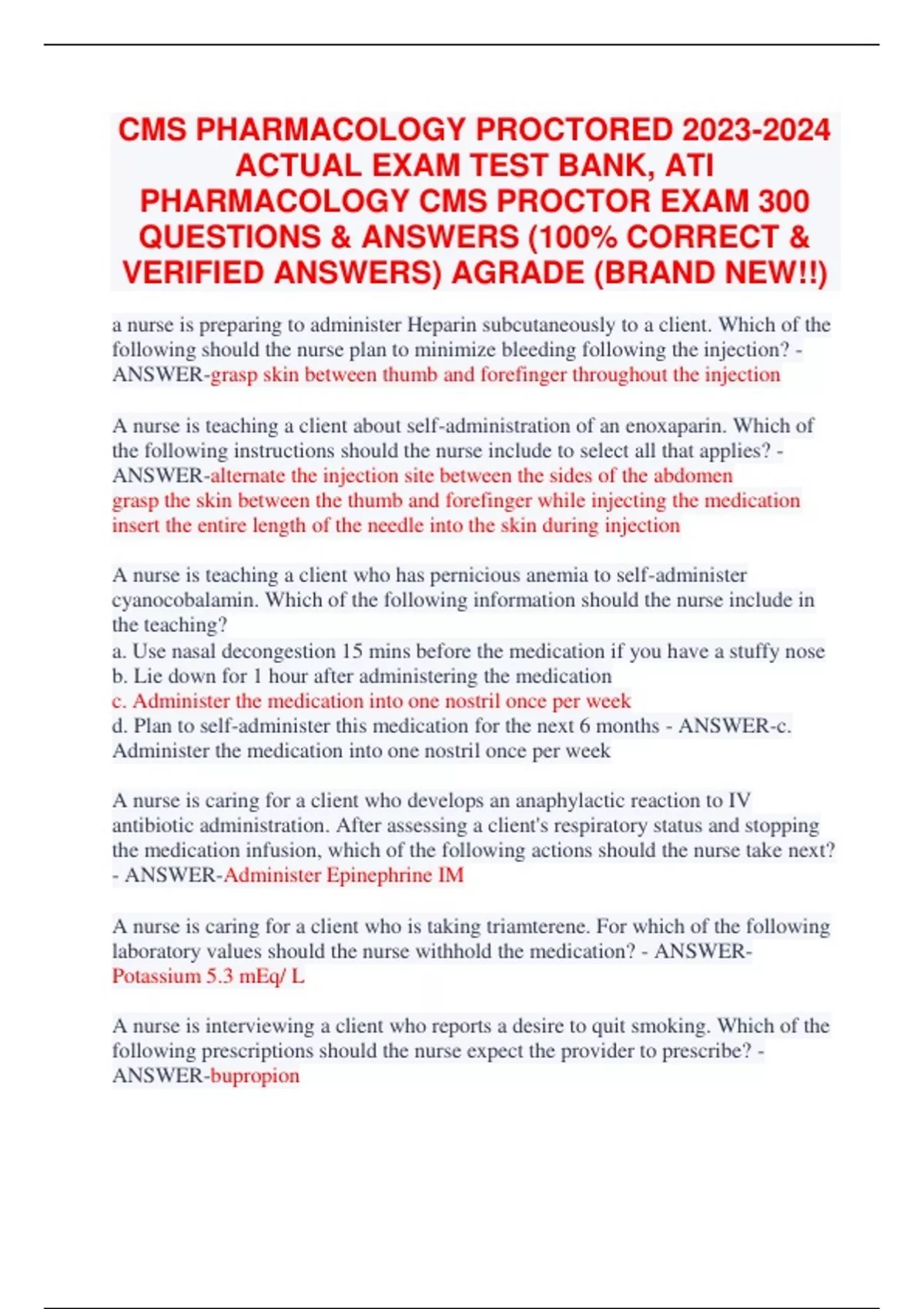 CMS PHARMACOLOGY PROCTORED ACTUAL EXAM TEST BANK, ATI PHARMACOLOGY CMS ...