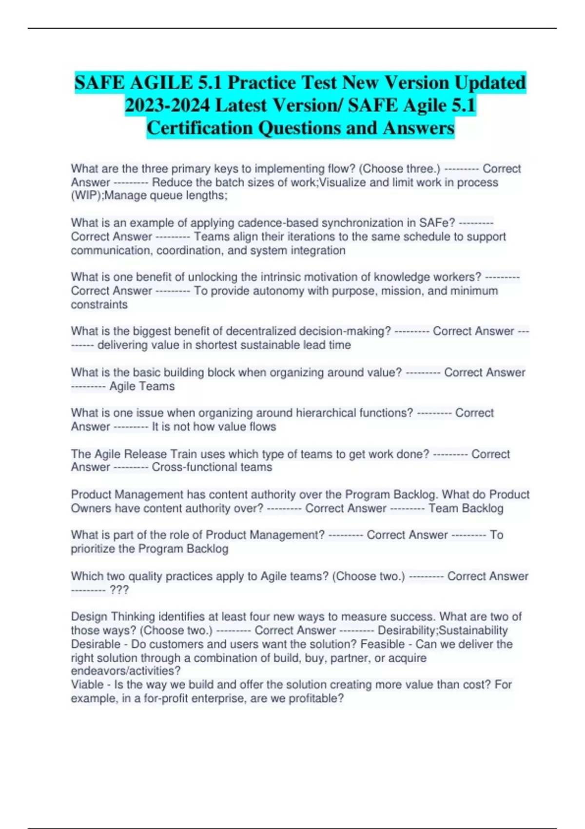 Safe Agile 5 1 Practice Test New Version Updated Latest Version Safe