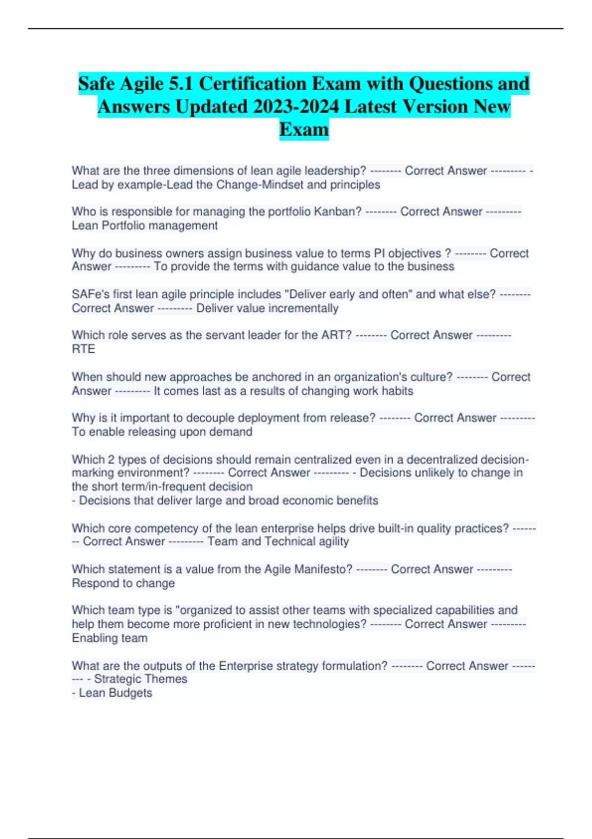 Safe Agile 5 1 Certification Exam With Questions And Answers Updated Latest Version New Exam