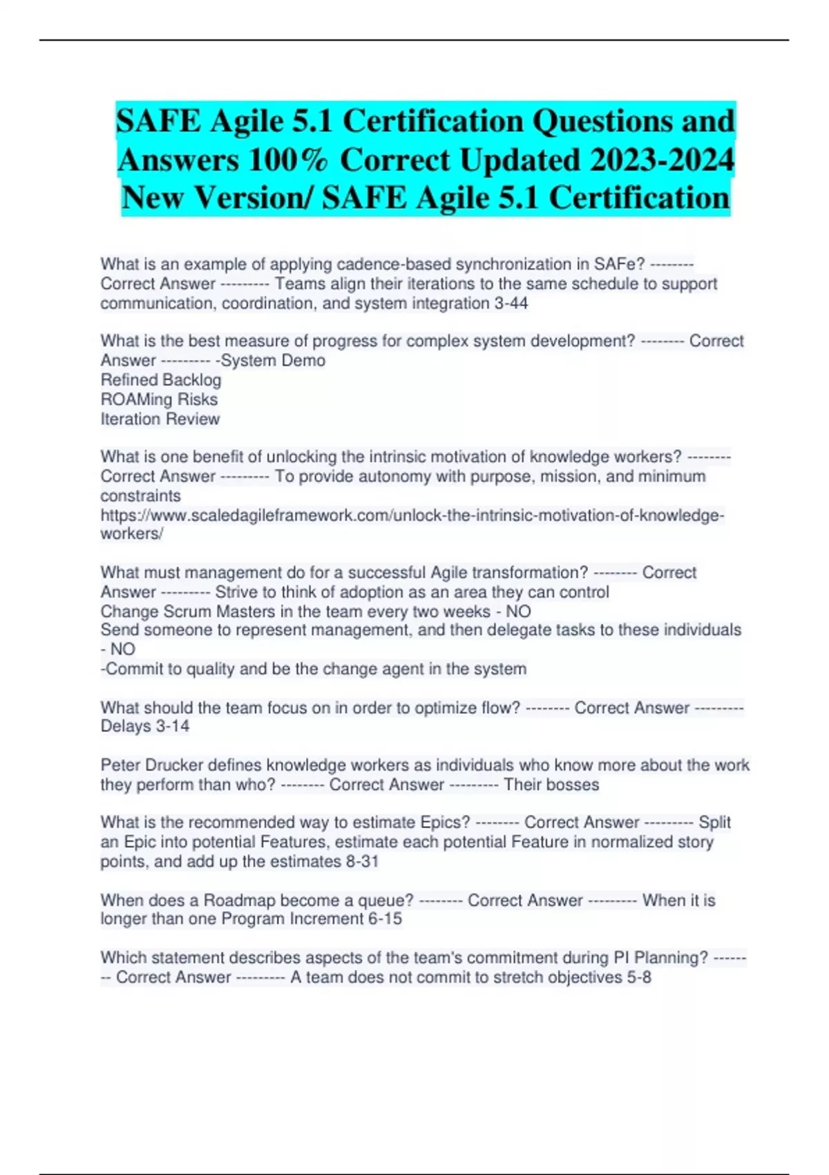 Safe Agile 5 1 Certification Questions And Answers 100 Correct Updated New Version Safe Agile