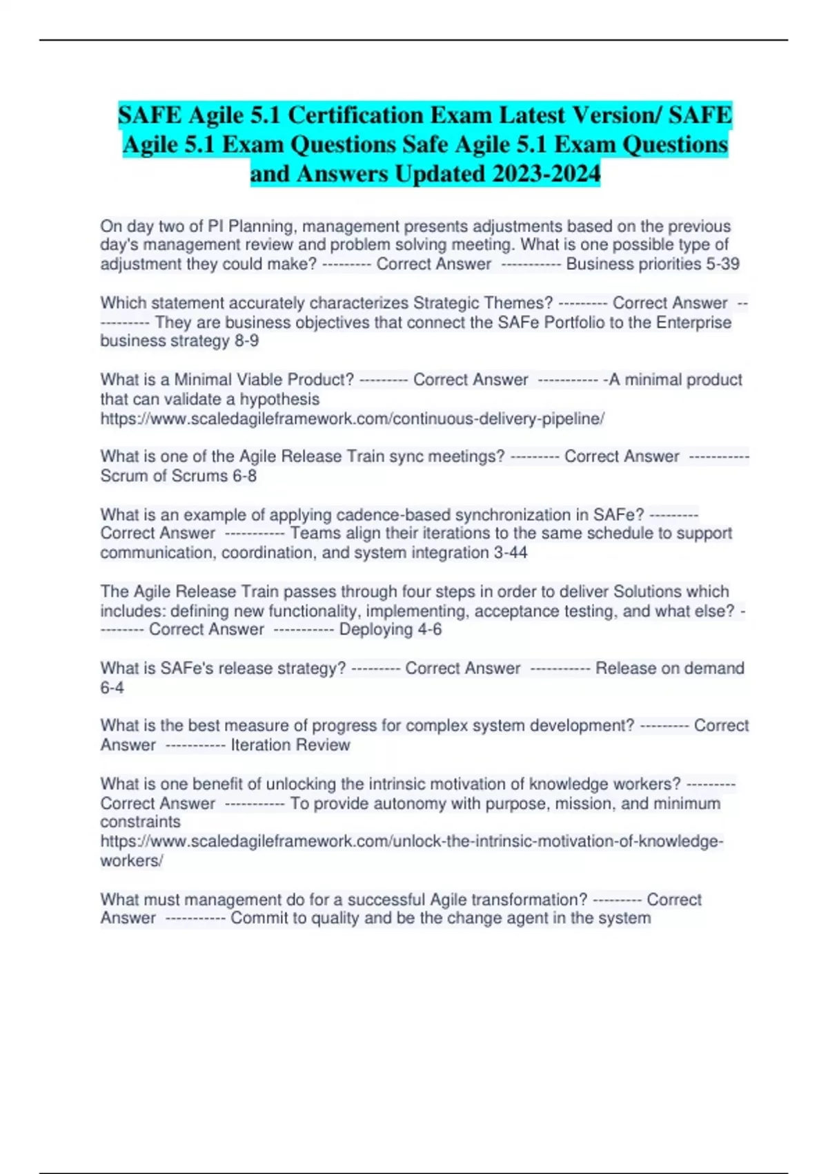 SAFE Agile 5.1 Certification Exam Latest Version/ SAFE Agile 5.1 Exam ...