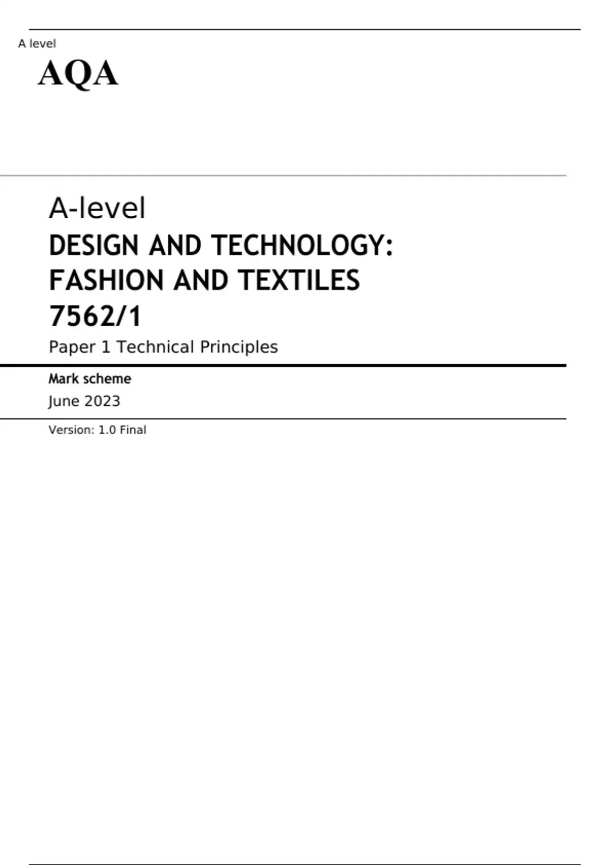 AQA A-level DESIGN AND TECHNOLOGY: FASHION AND TEXTILES Paper 1 and 2 ...