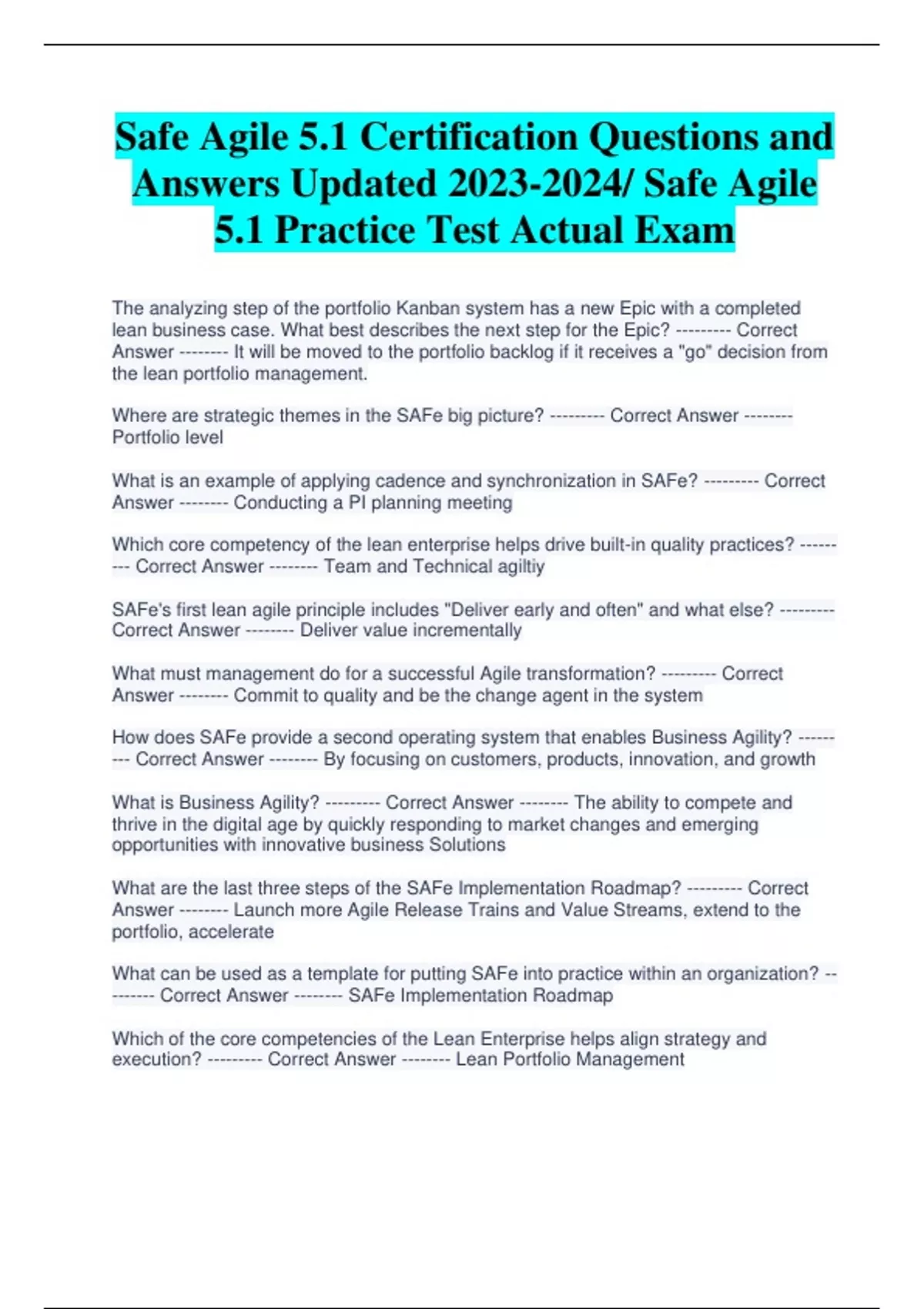 Safe Agile 5 1 Certification Questions And Answers Updated Safe Agile 5 1 Practice Test Actual