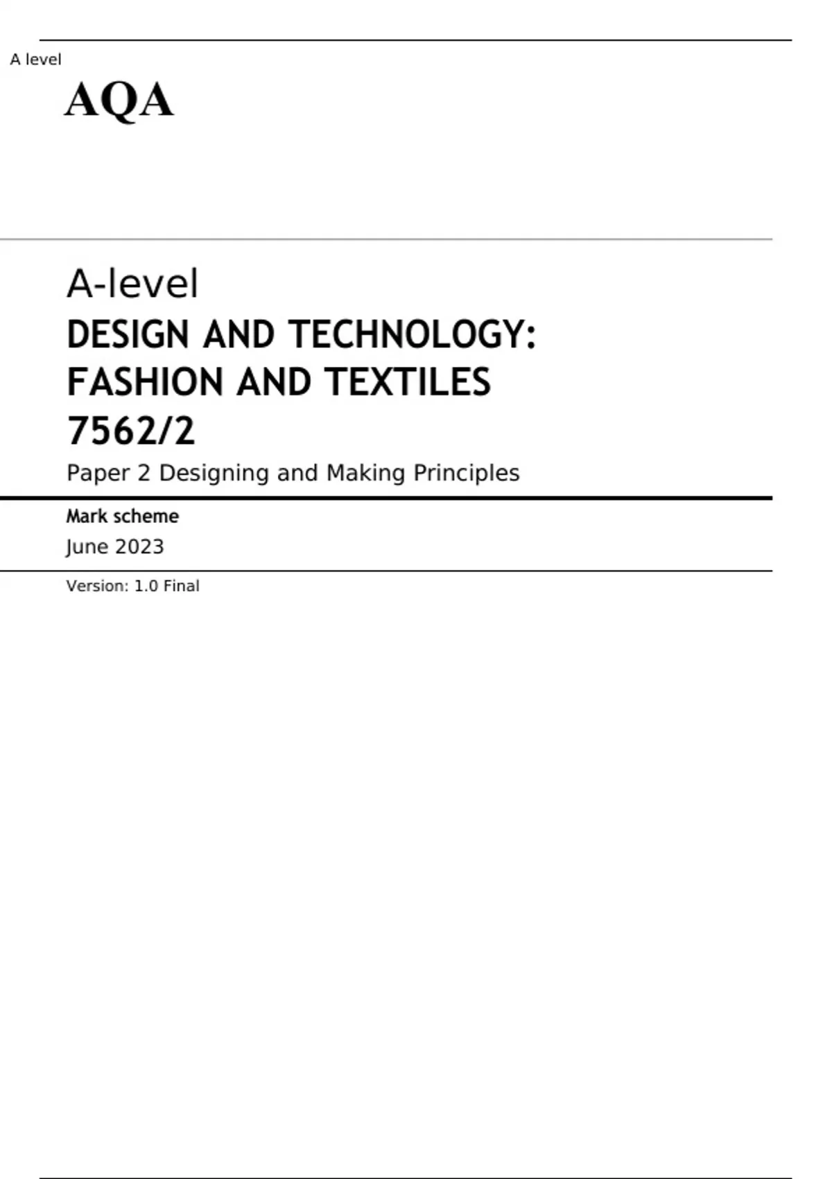 AQA A-level DESIGN AND TECHNOLOGY: FASHION AND TEXTILES Paper 2 JUNE ...