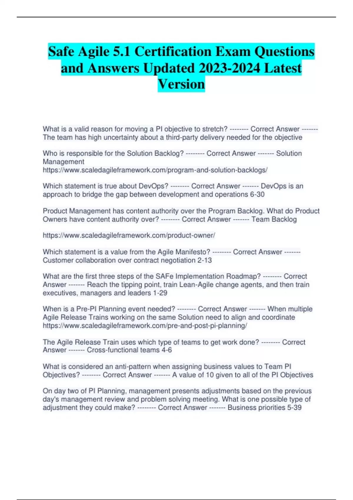 Safe Agile 5.1 Certification Exam Questions and Answers Updated Latest ...