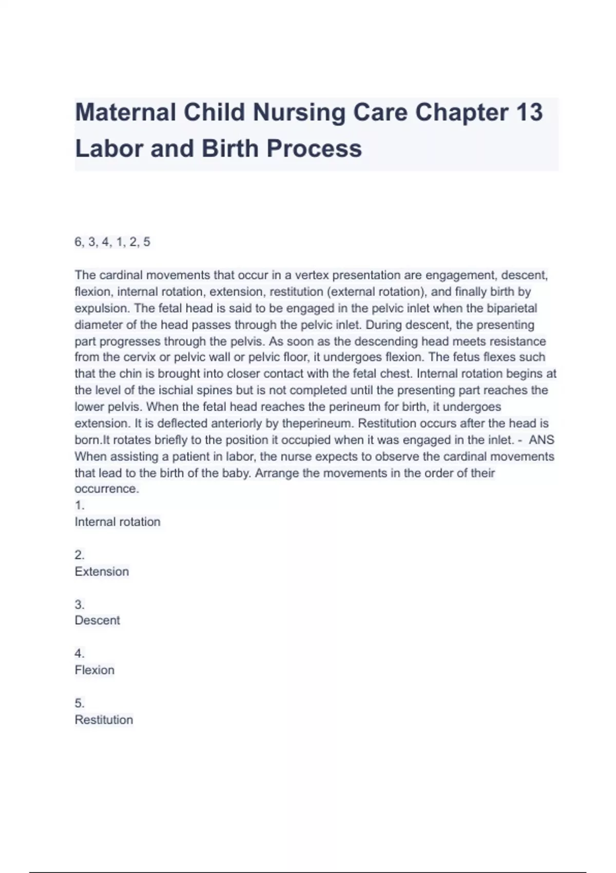 Maternal Child Nursing Care Chapter 13 Labor and Birth Process (A+ ...