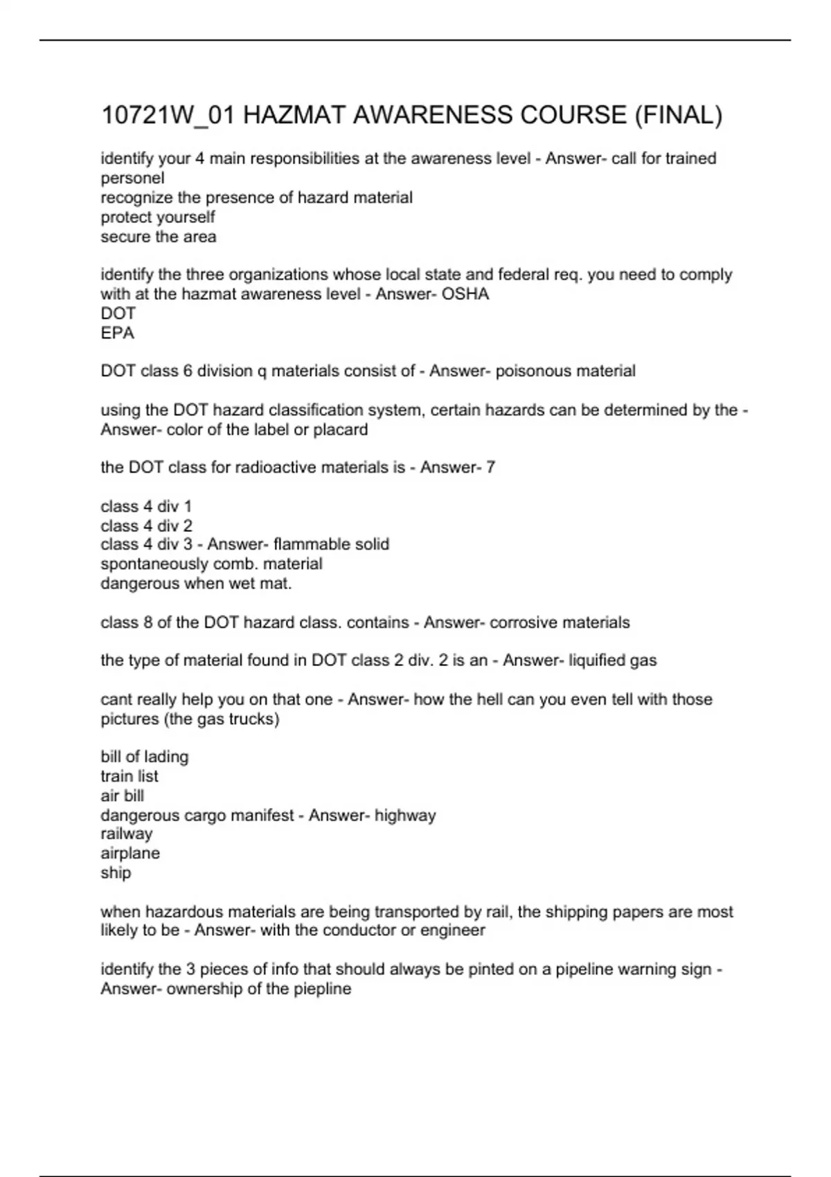 10721W_01 HazMat Awareness Course (final) - 10721W_01 HazMat - Stuvia US