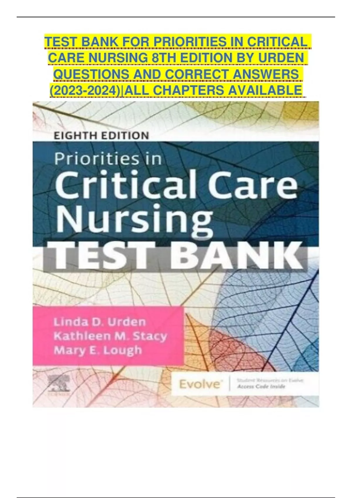 TEST BANK FOR PRIORITIES IN CRITICAL CARE NURSING 8TH EDITION BY URDEN ...
