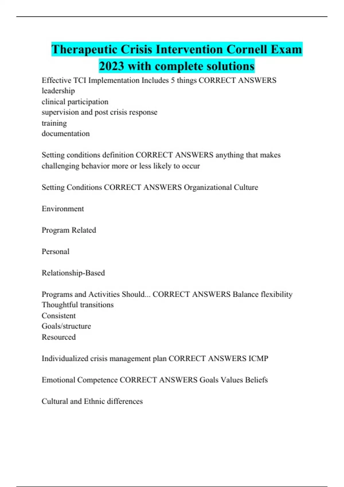 Therapeutic Crisis Intervention Cornell Exam 2023 with complete ...