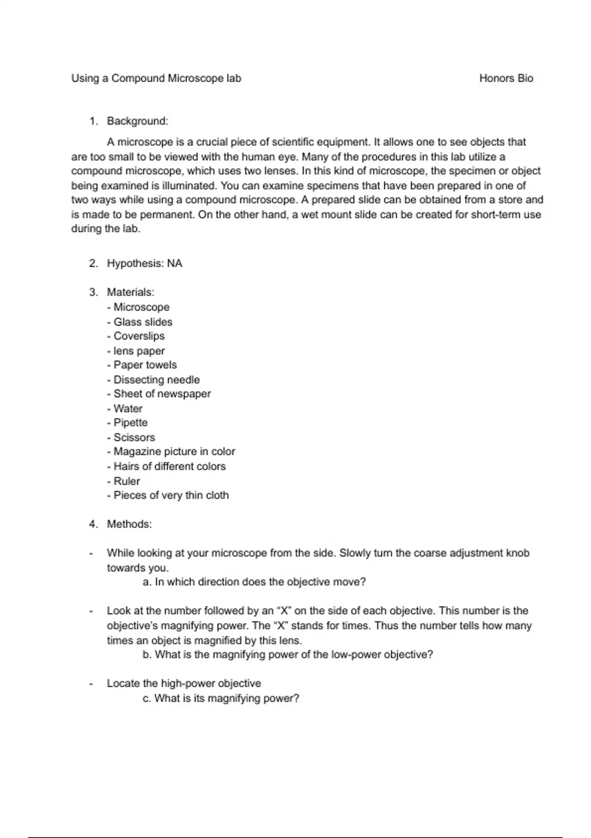 Summary Using a Compound Microscope Lab write up - Biology - Stuvia US