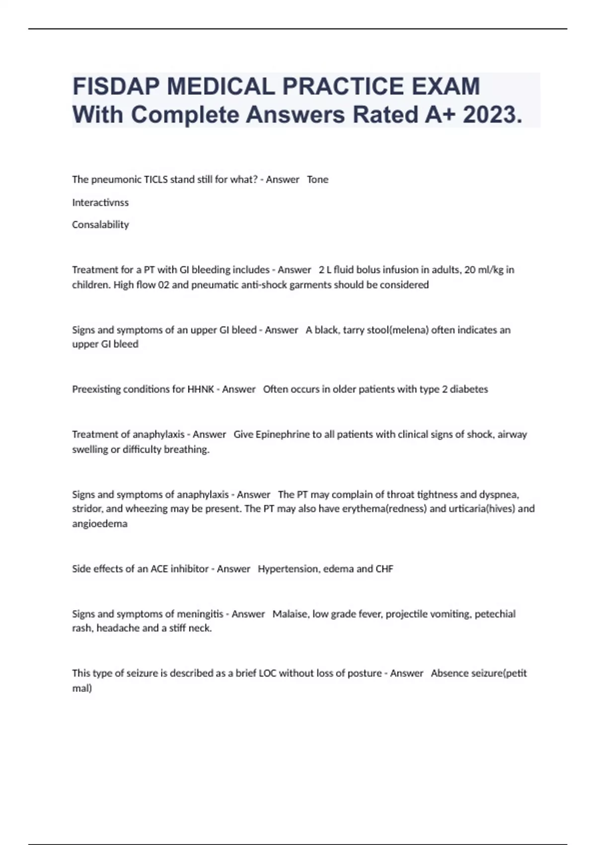 FISDAP MEDICAL PRACTICE EXAM With Complete Answers Rated A+ 2023 ...