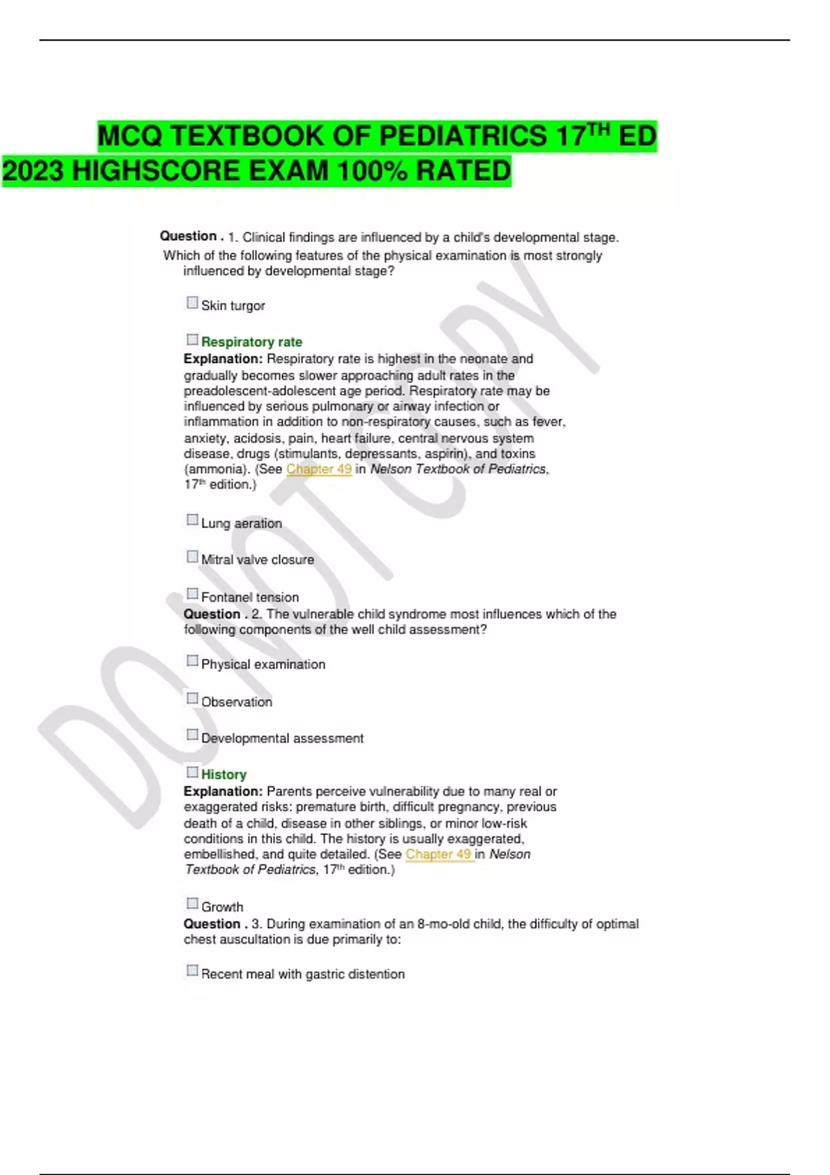 MCQ TEXTBOOK OF PEDIATRICS 17TH ED 2023 HIGHSCORE EXAM 100% RATED.pdf ...
