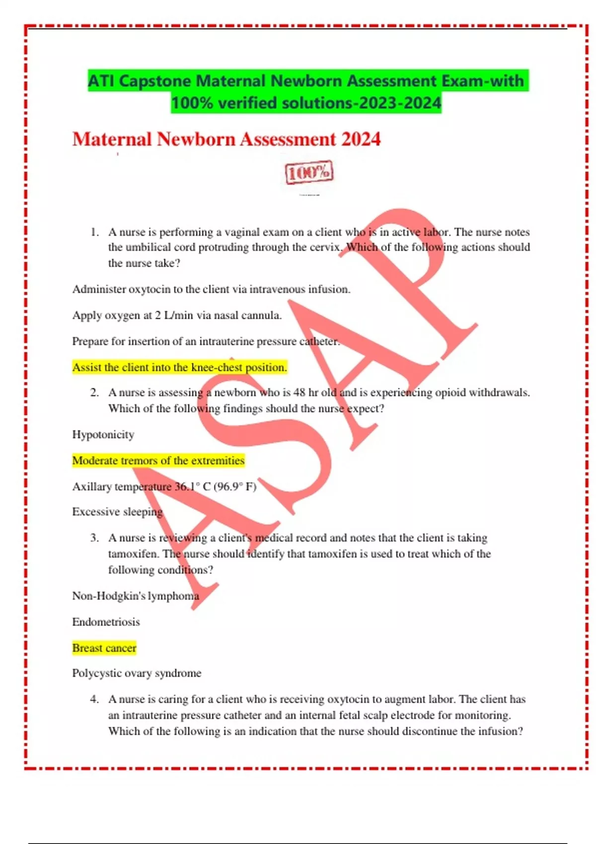 ATI Capstone Maternal Newborn Assessment Exam-with 100% verified solutions- - ATI Capstone ...
