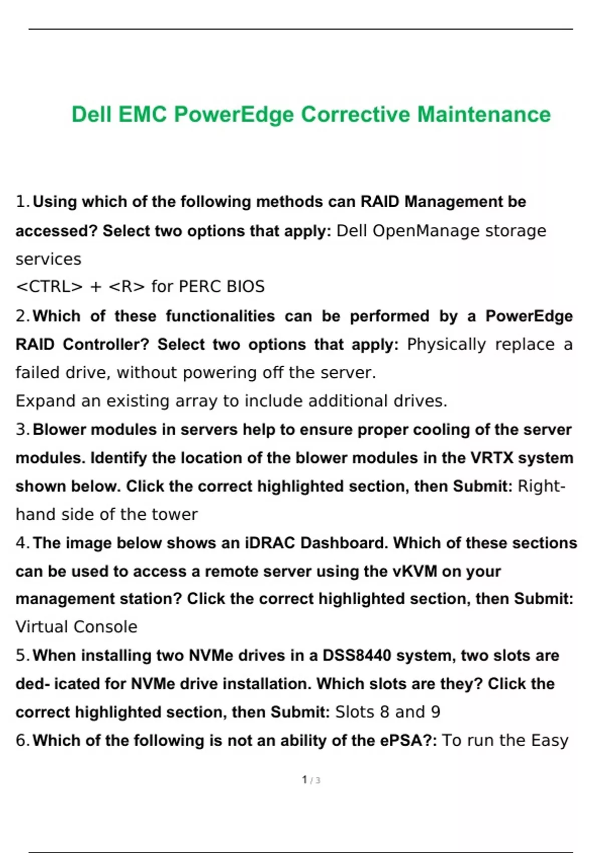 Dell EMC PowerEdge Corrective Maintenance Exam 2023 with complete ...