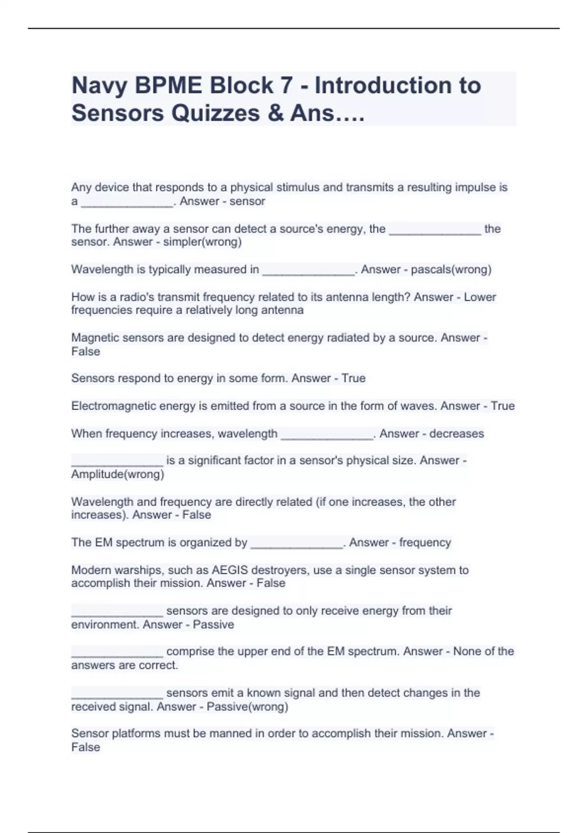 Navy BPME Block 7 - Introduction to Sensors Quizzes & Ans…. - BPME ...