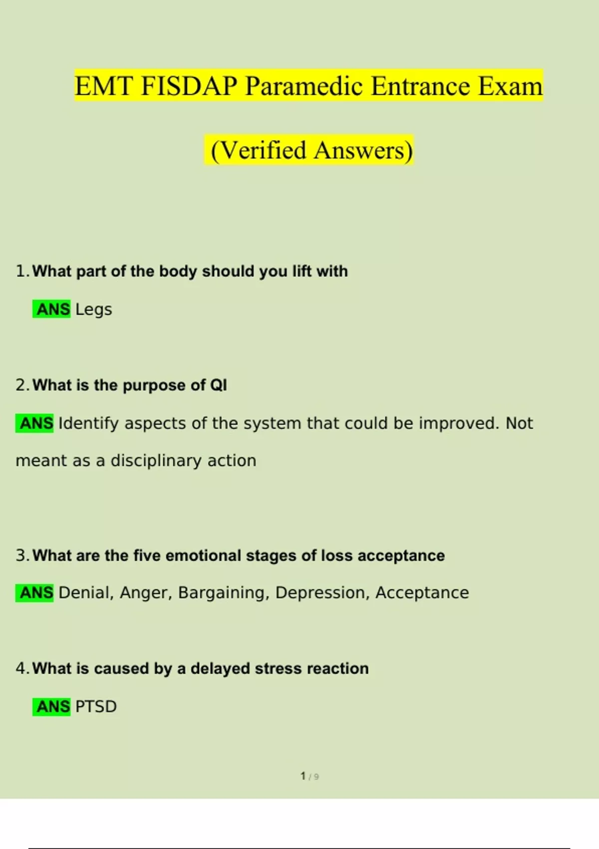 EMT FISDAP Paramedic Entrance Exam - 200 Questions and Answers () (Verified by Expert ...