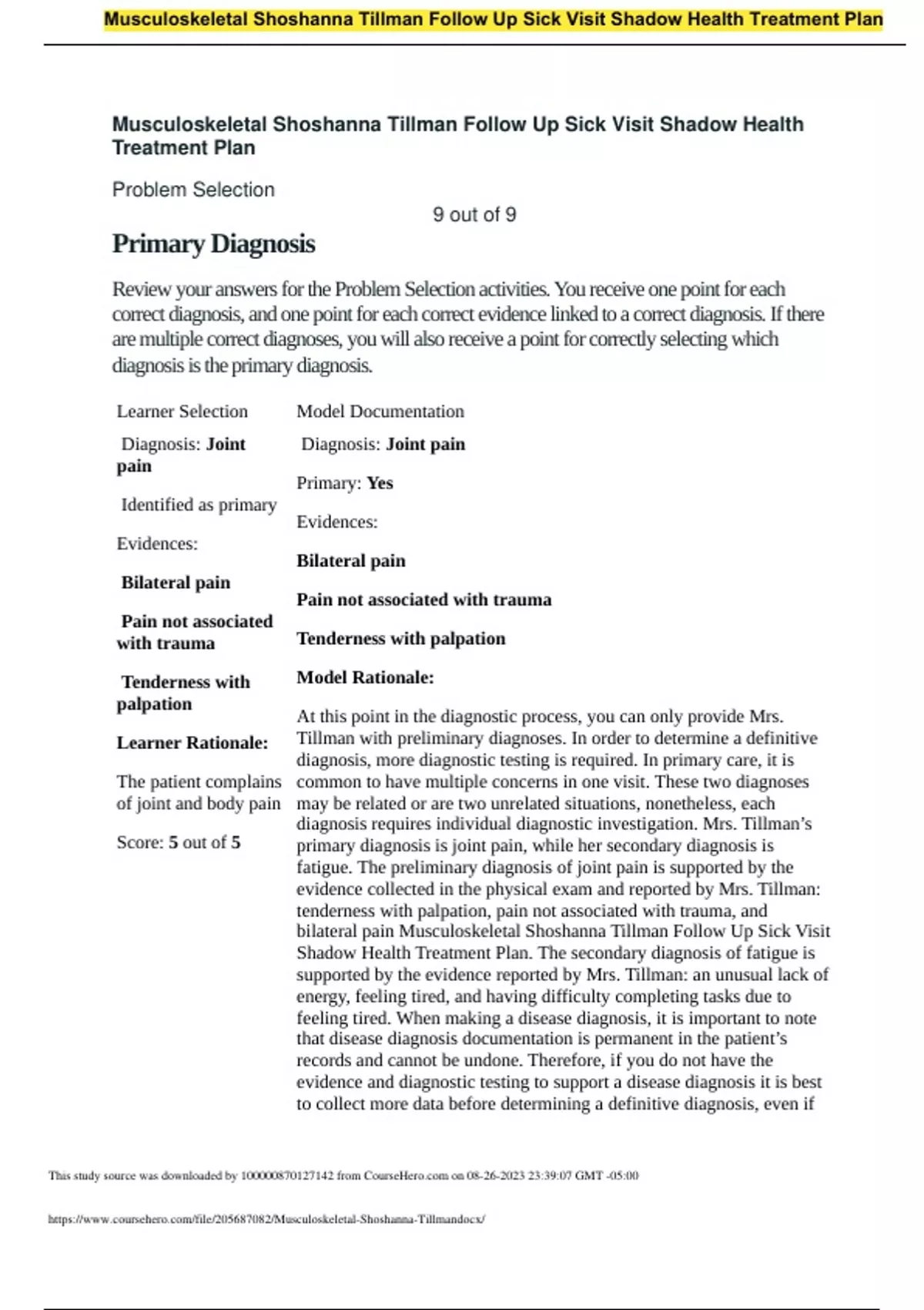 Musculoskeletal Shoshanna Tillman Follow Up Sick Visit Shadow Health ...