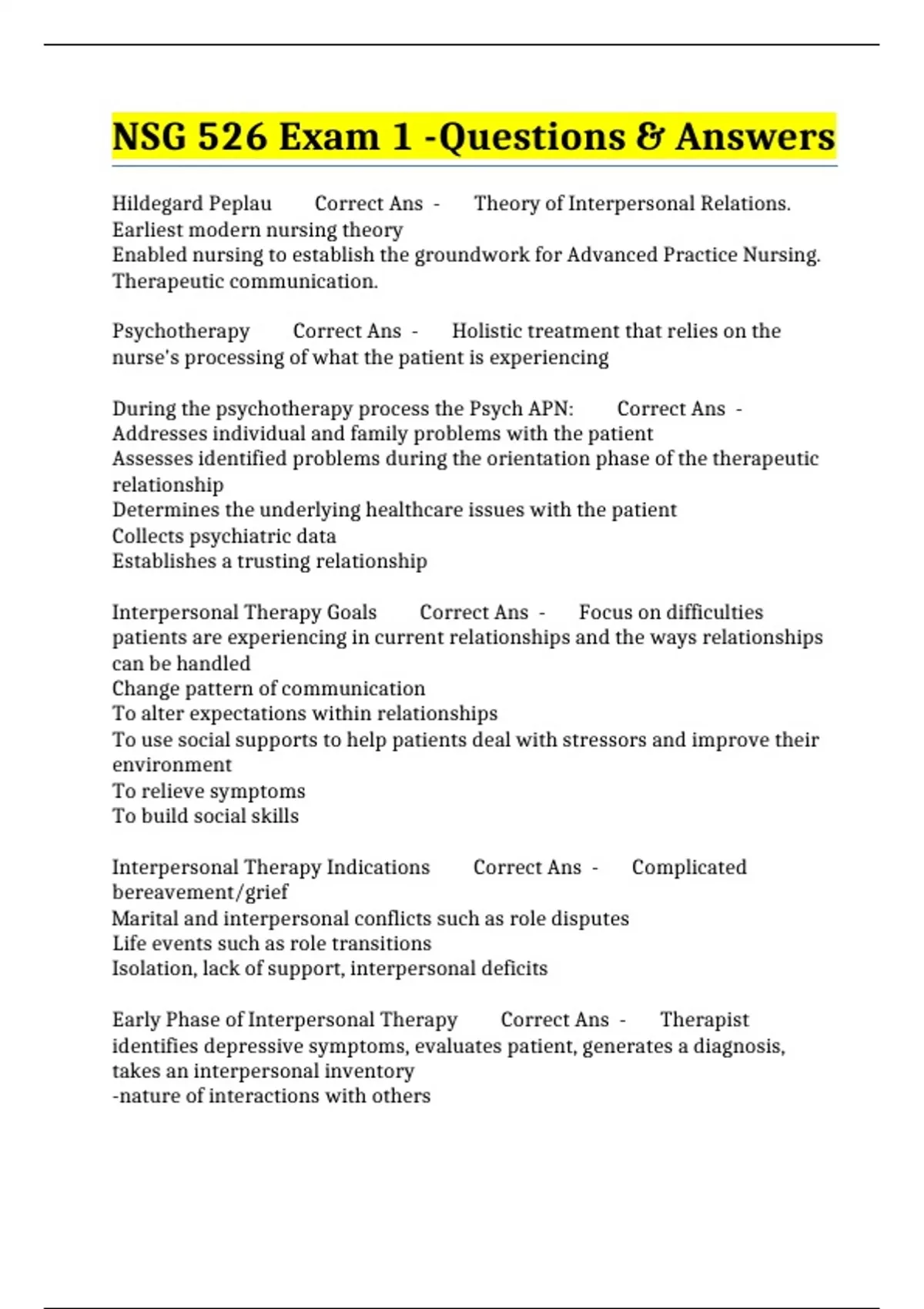 NSG 526 Exam 1 -Questions & Answers - NSG 526 - Stuvia US