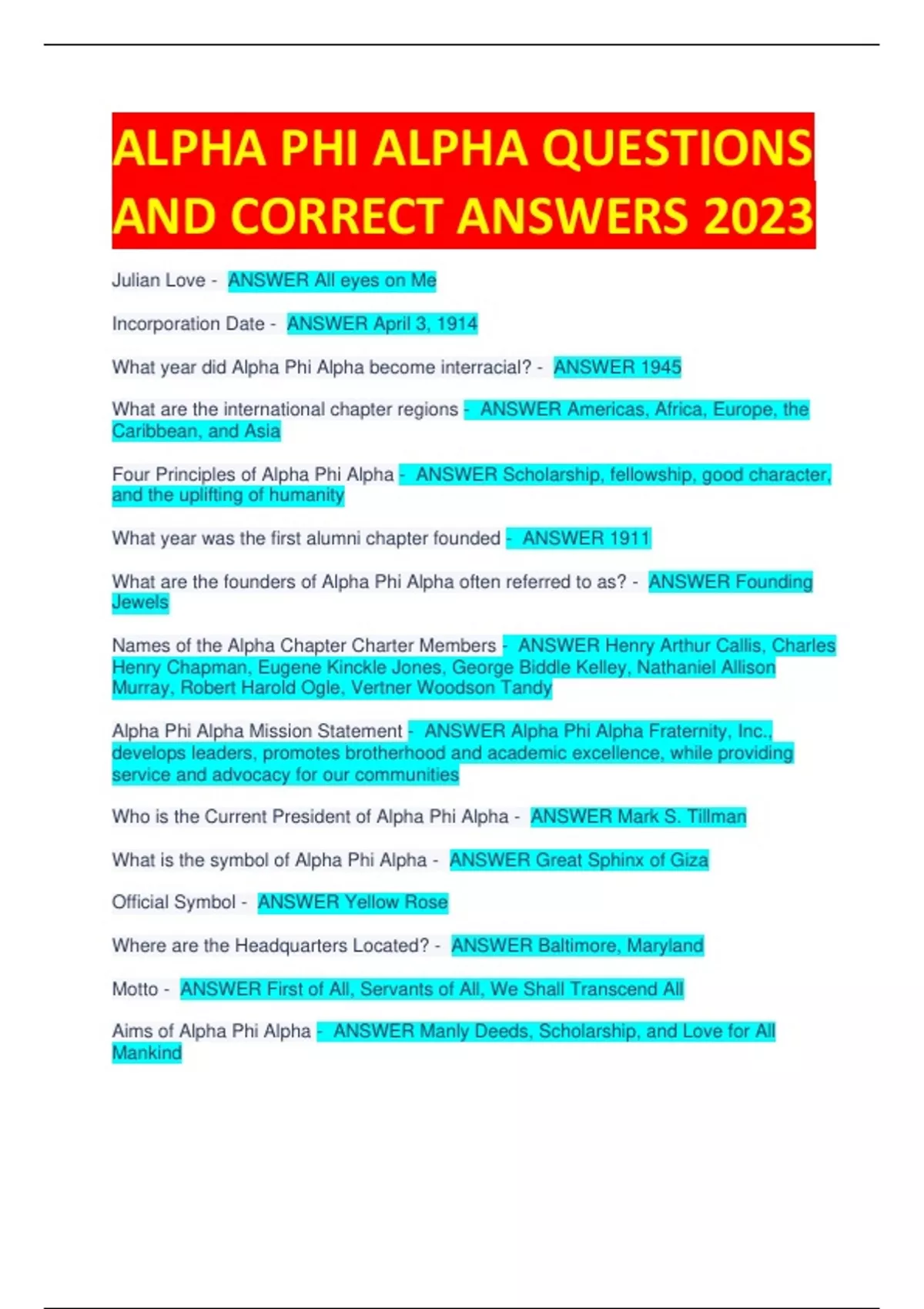 ALPHA PHI ALPHA QUESTIONS AND CORRECT ANSWERS 2023 - Alpha Phi Alpha ...