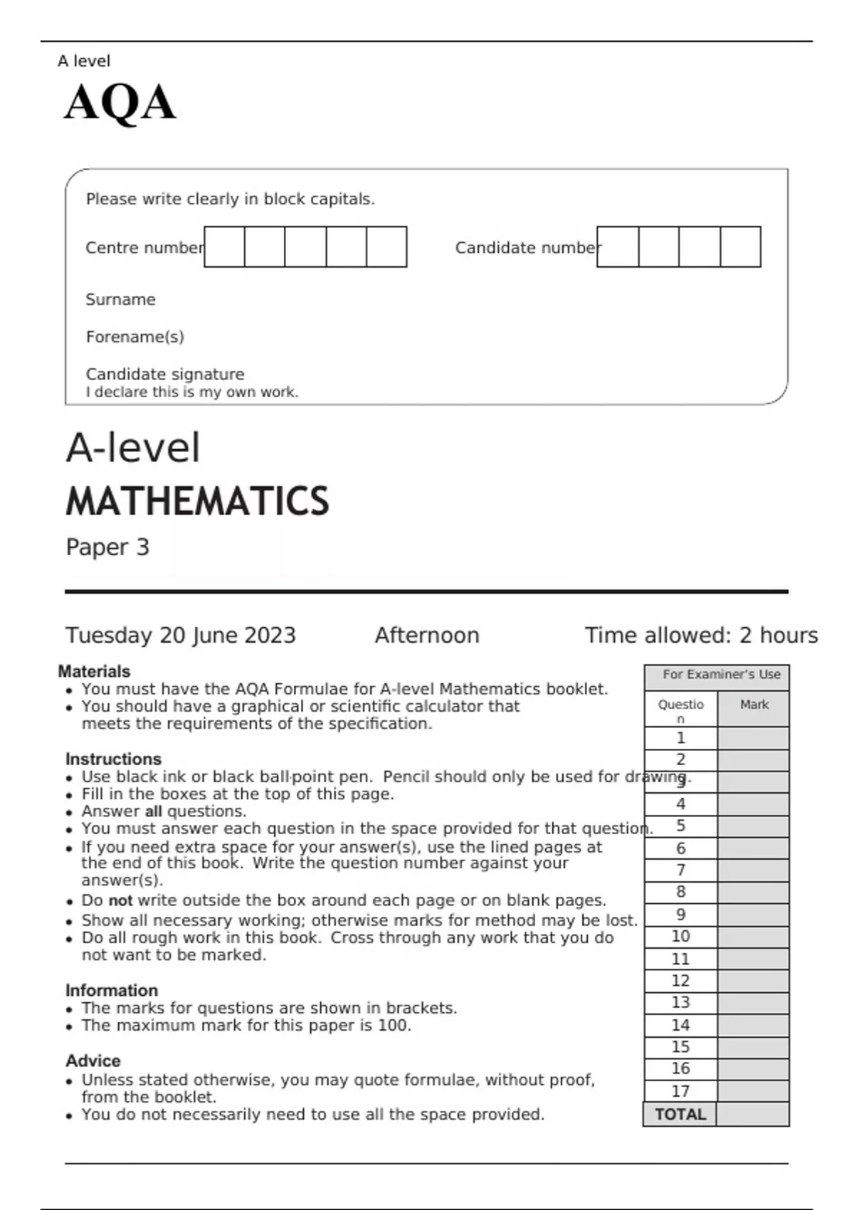 AQA A-level MATHEMATICS Paper 3 JUNE 2023 QUESTION PAPER - A-level ...