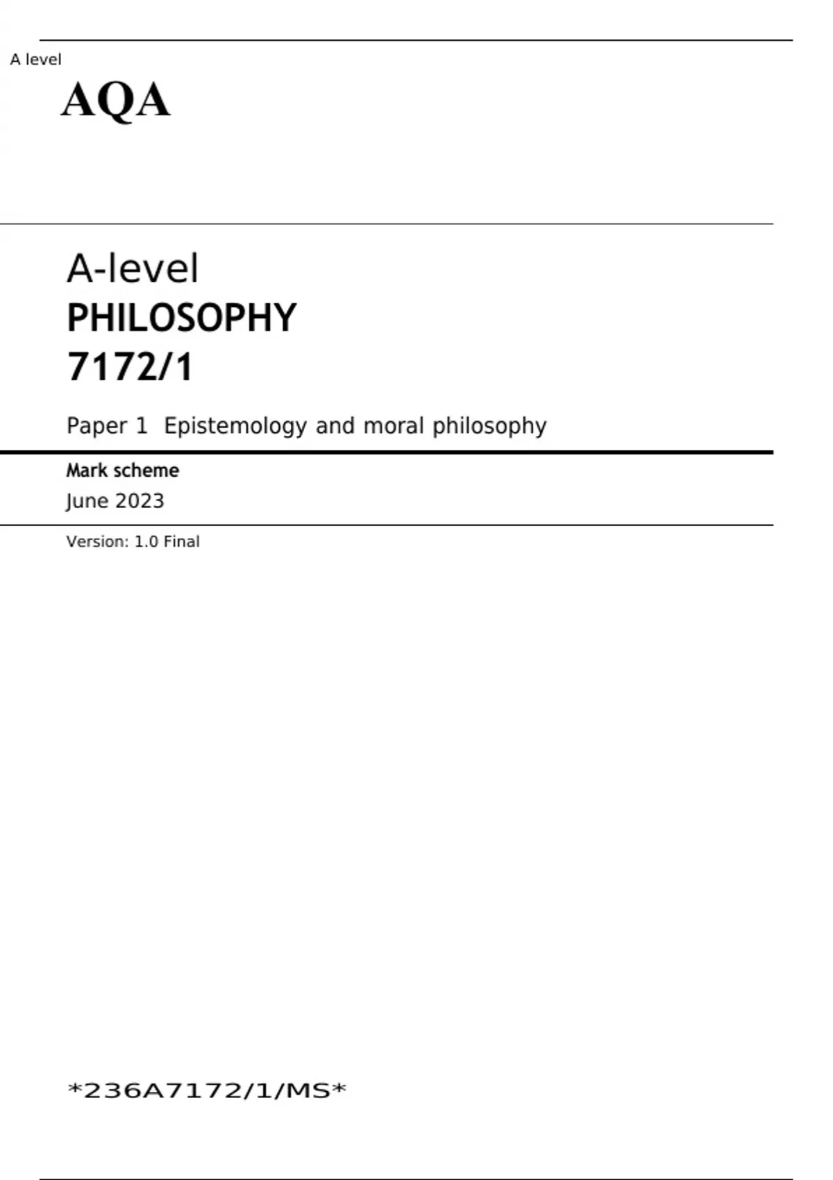 AQA A-level PHILOSOPHY PAPER 1 JUNE 2023 MARK SCHEME: Epistemology and ...