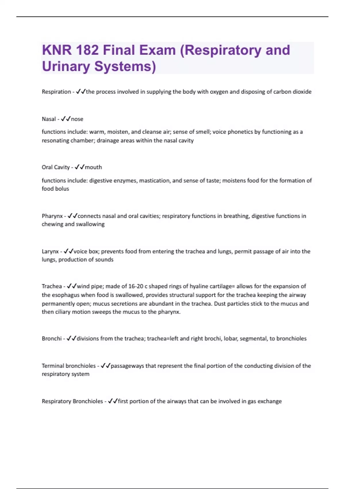 KNR 182 Final Exam (Respiratory and Urinary Systems) exam with complete ...