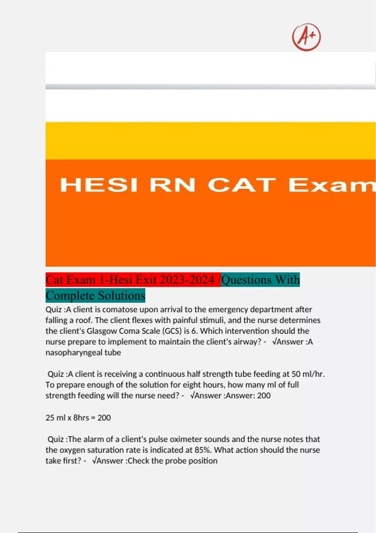 Cat Exam 1-Hesi Exit /Questions With Complete Solutions - Cat Exam 1 ...