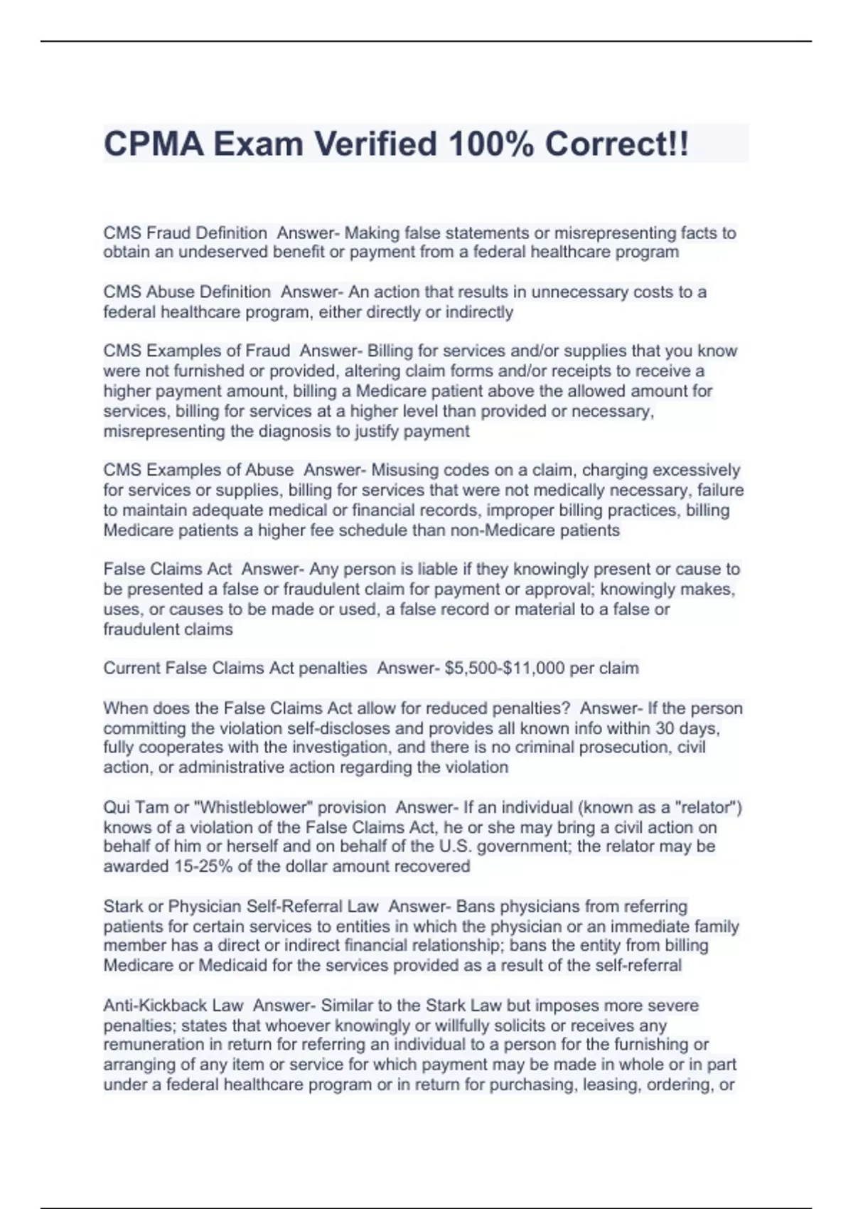 CPMA Exam Verified 100% Correct!! - CPMA - Stuvia US