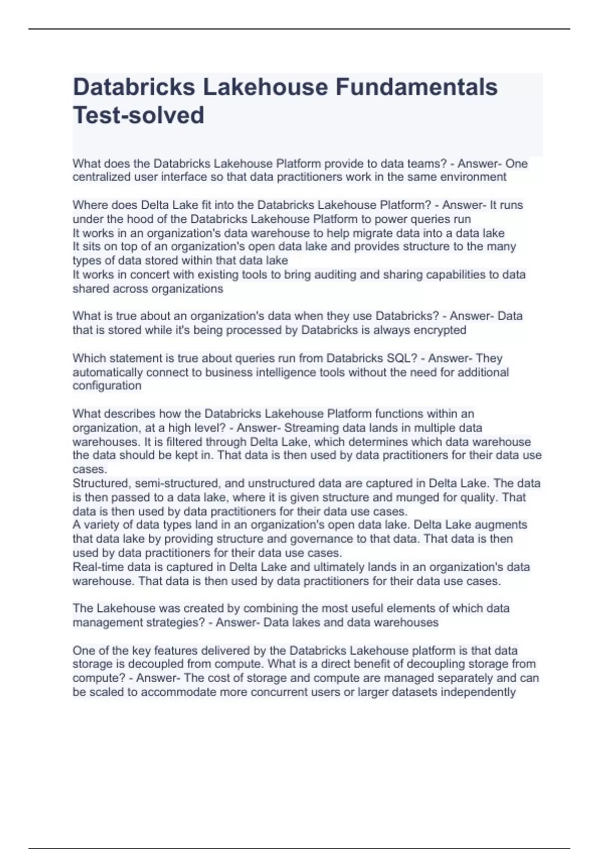 Databricks Lakehouse Fundamentals Exam Bundle - Stuvia US