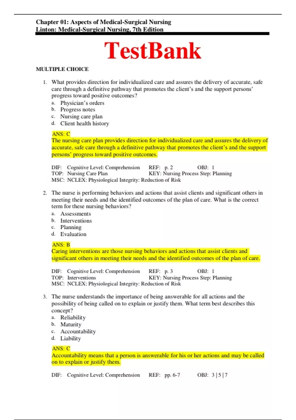 Test Bank for Medical Surgical Nursing 7th Edition by Linton_Complete ...