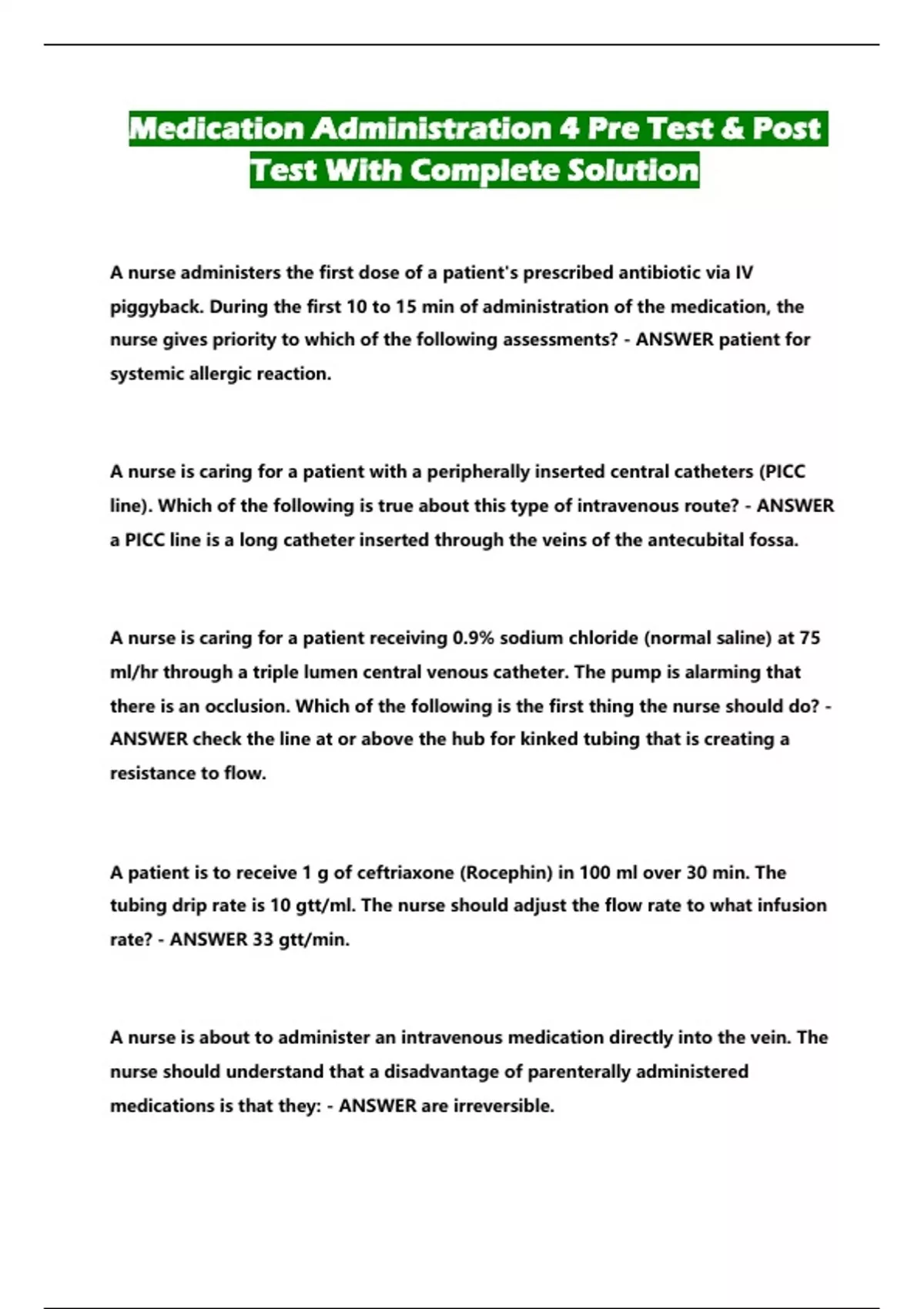 Medication Administration 4 Pre Test & Post Test With Complete Solution ...