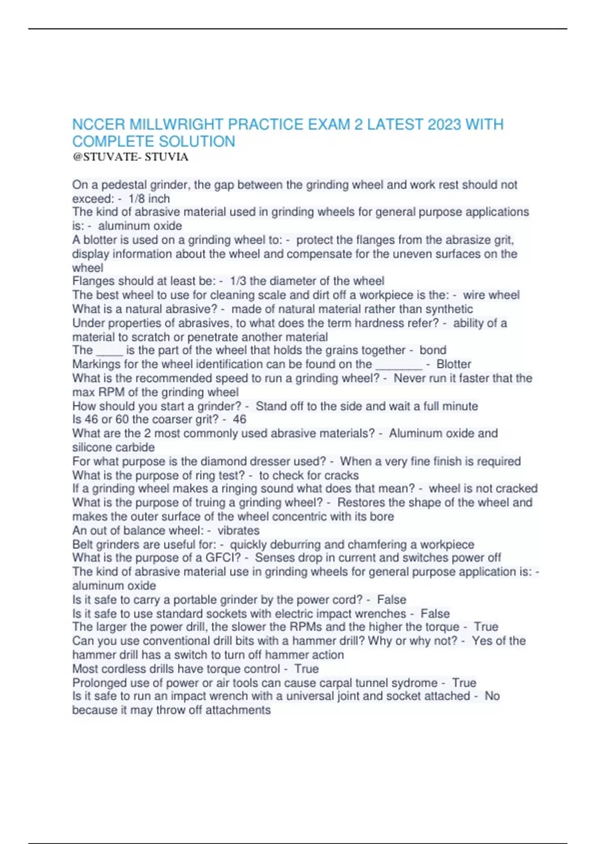 NCCER MILLWRIGHT PRACTICE EXAM 2 LATEST 2023 WITH COMPLETE SOLUTION ...