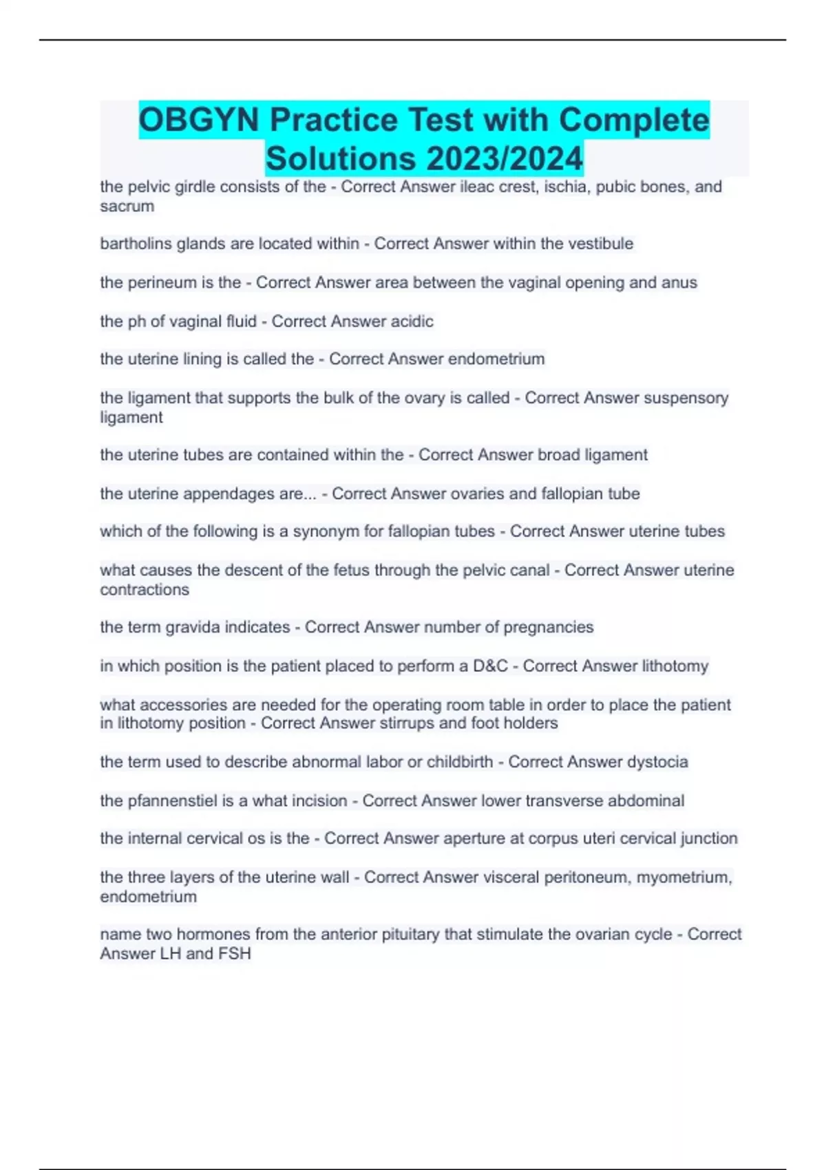 OBGYN Practice Test with Complete Solutions 2023/2024 - OBGYN - Stuvia US