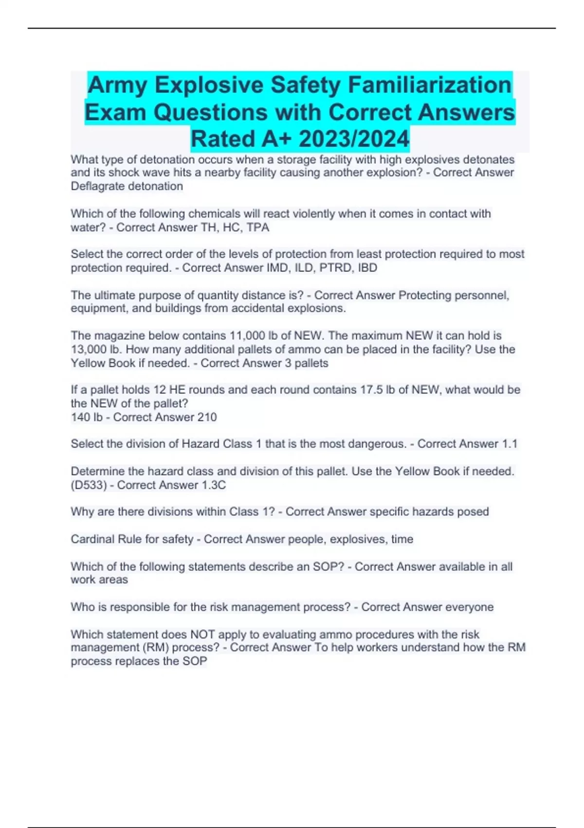 Army Explosive Safety Familiarization Exam Questions with Correct ...