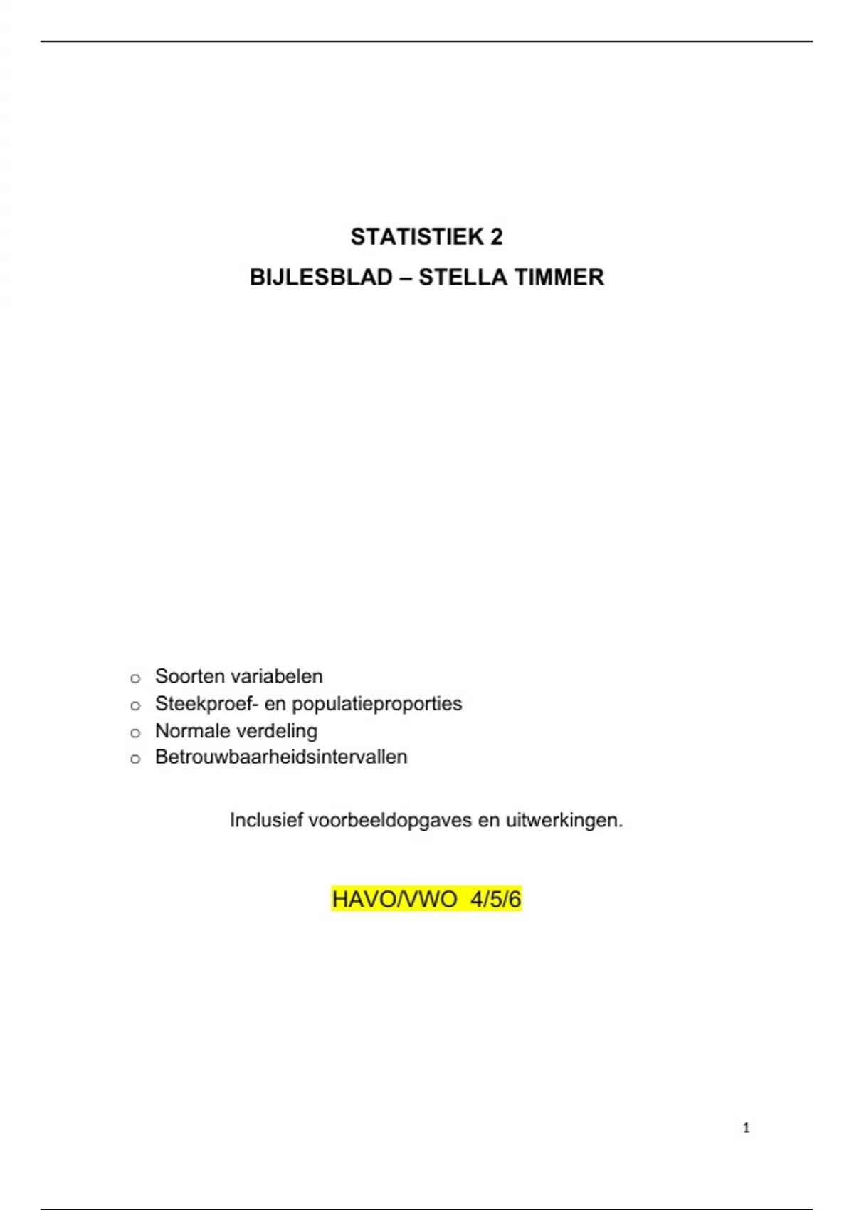 Samenvatting Toetsgericht Werkblad voor Statistiek (HAVO/VWO ...