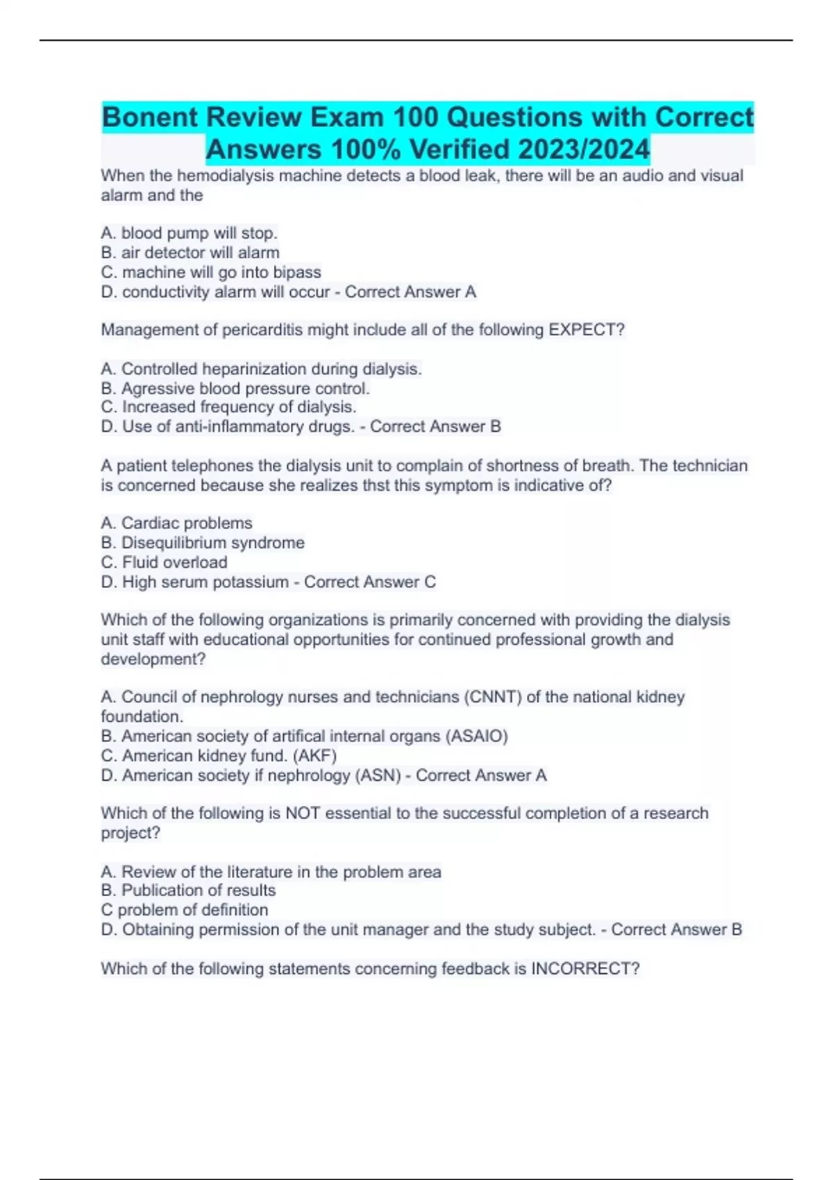 Bonent CDC Exam with Correct Answers 100% Rated A+ 2023/Bonent Review 270 Questions with ...