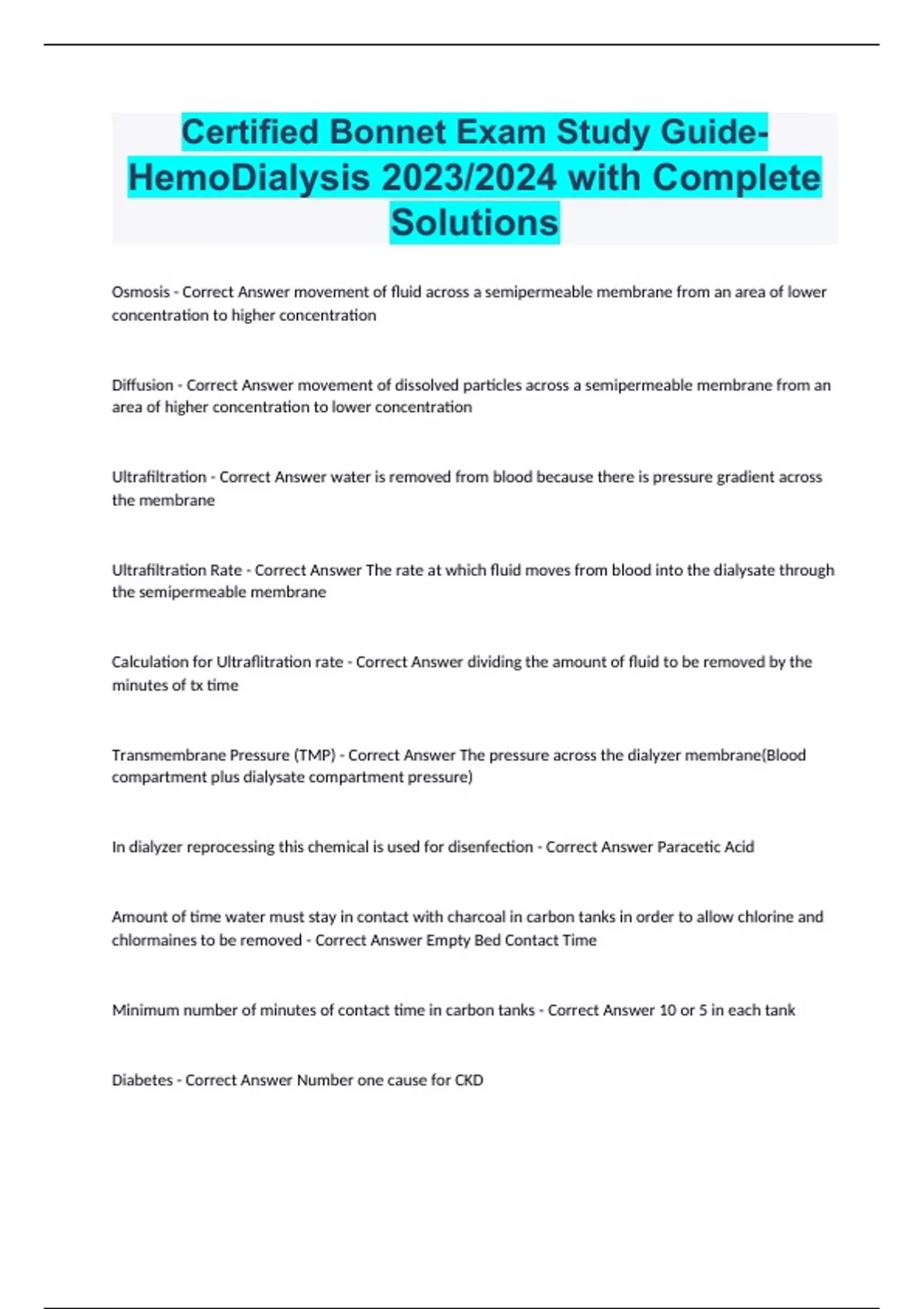 Certified Bonnet Exam Study Guide-HemoDialysis 2023/2024 with Complete Solutions - Bonnet ...