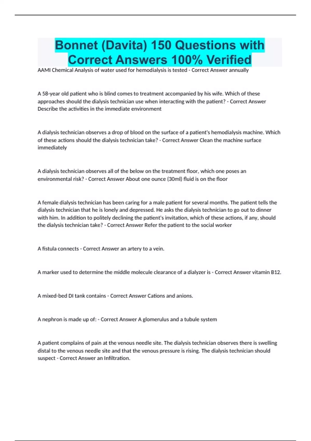 Bonnet (Davita) 150 Questions with Correct Answers 100% Verified ...