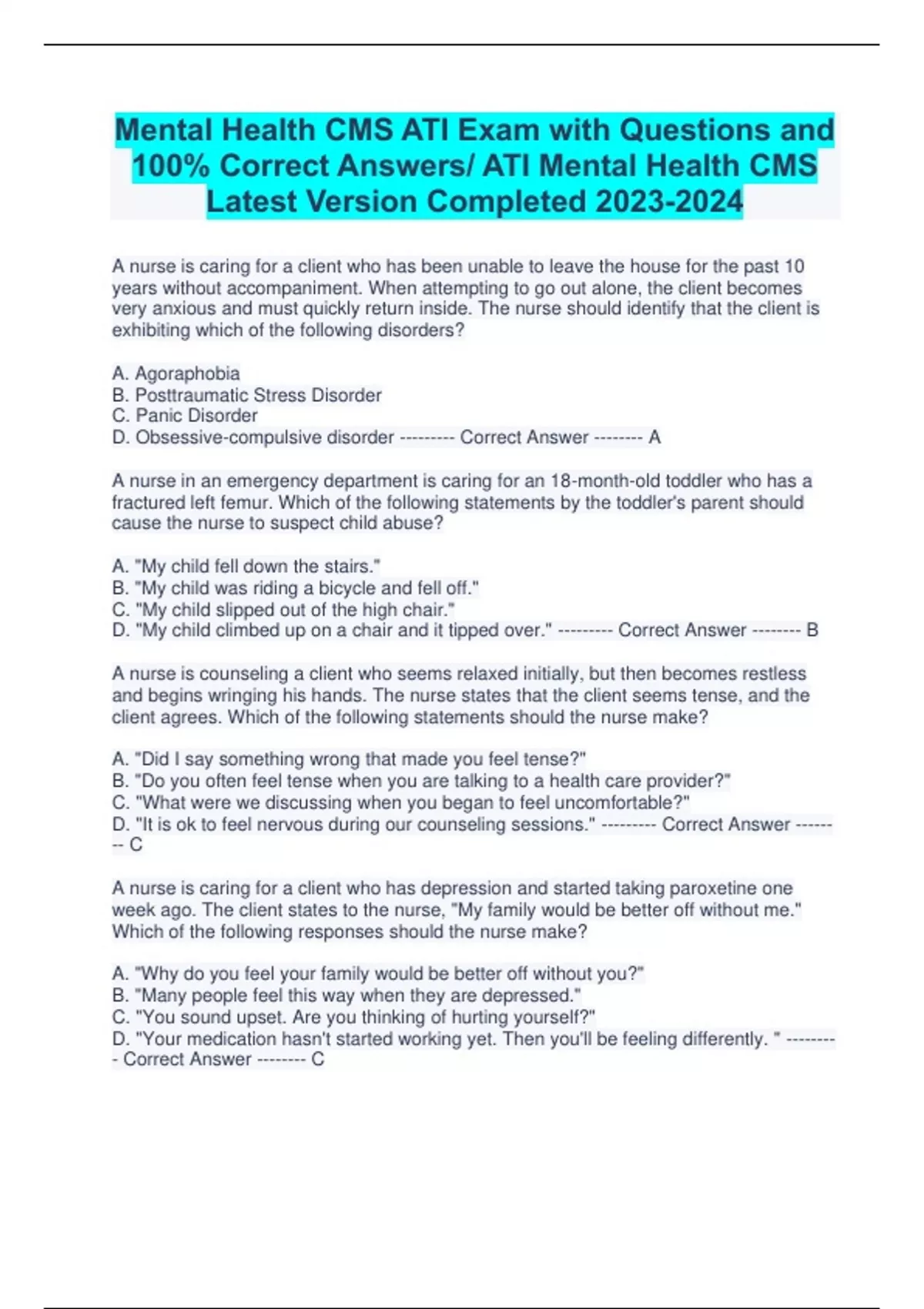 Mental Health CMS ATI Exam with Questions and 100% Correct Answers/ ATI ...