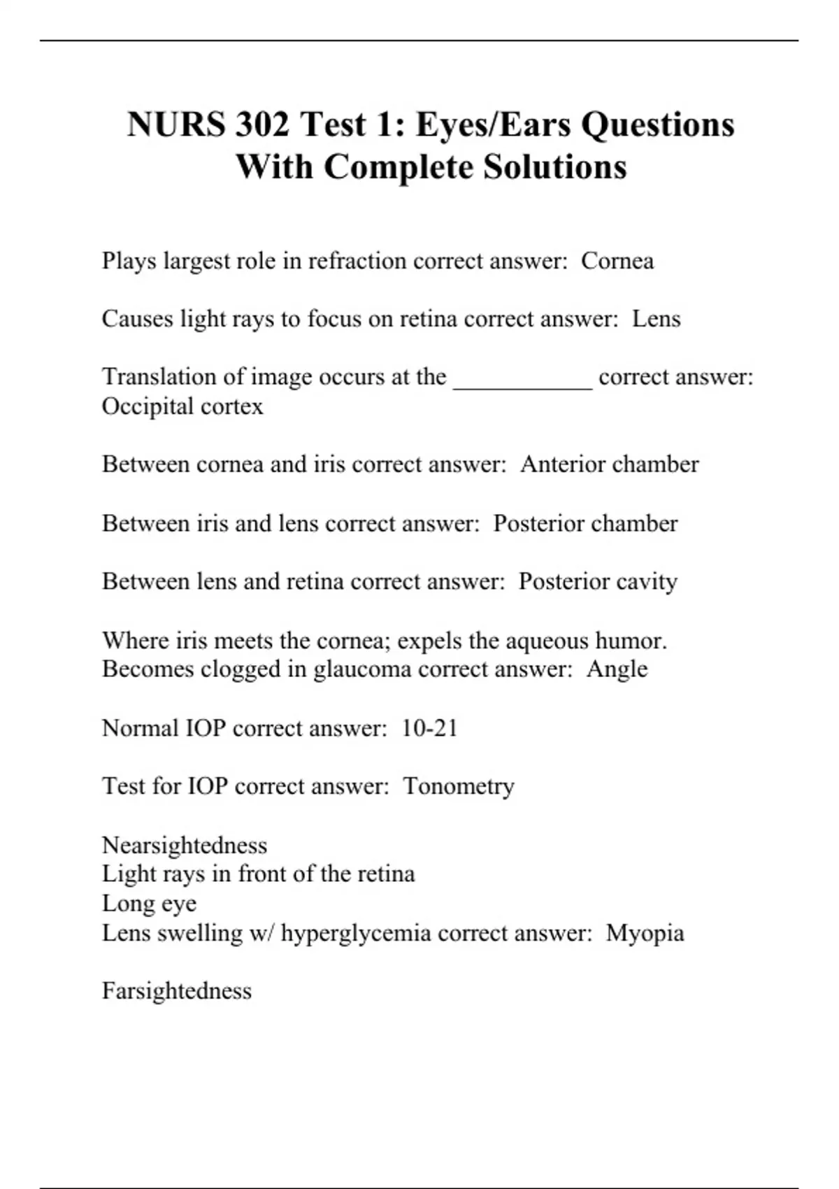 NURS 302 Test 1: Eyes/Ears Questions With Complete Solutions - NURS 302 ...