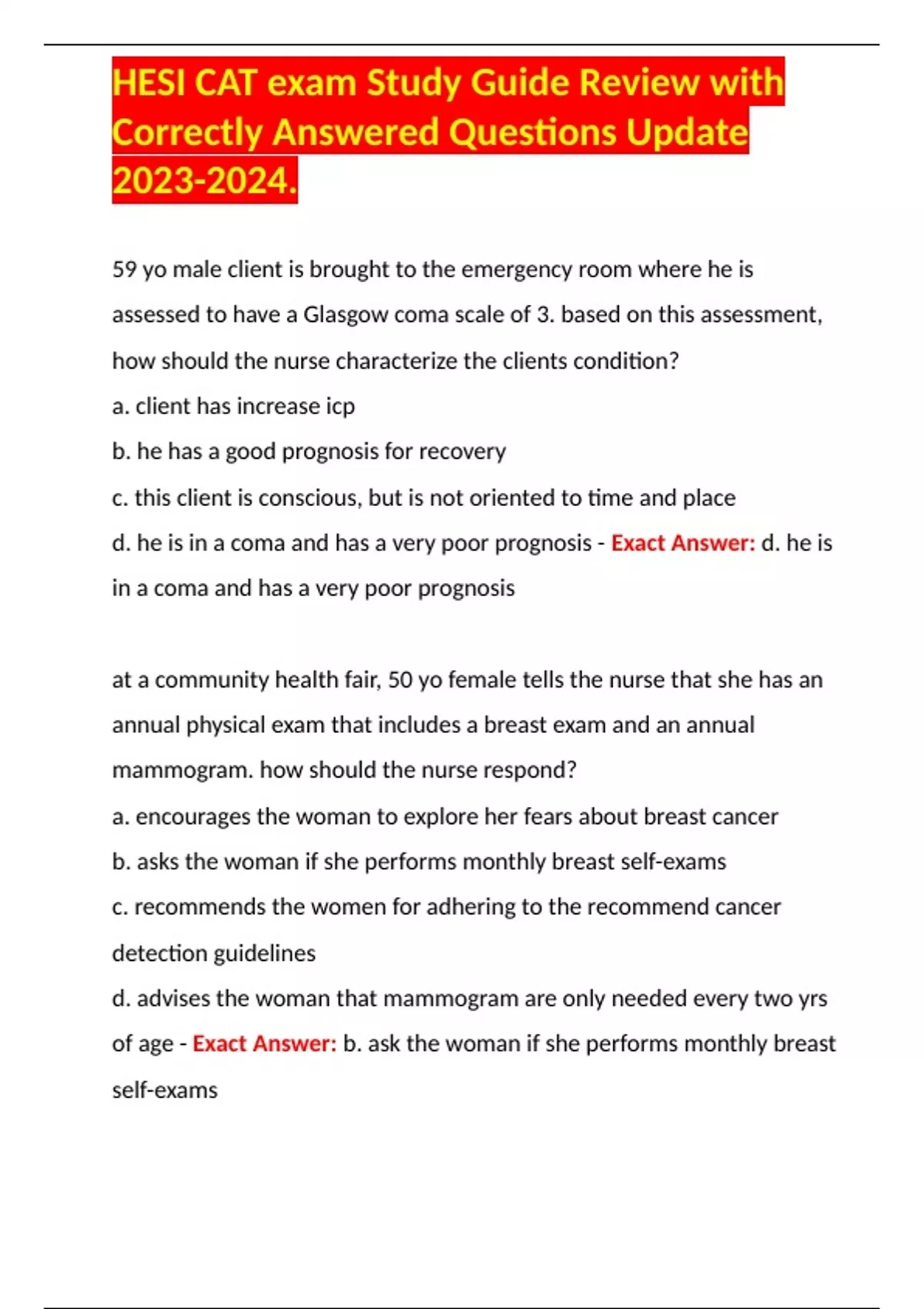 HESI CAT exam Study Guide Review with Correctly Answered Questions ...